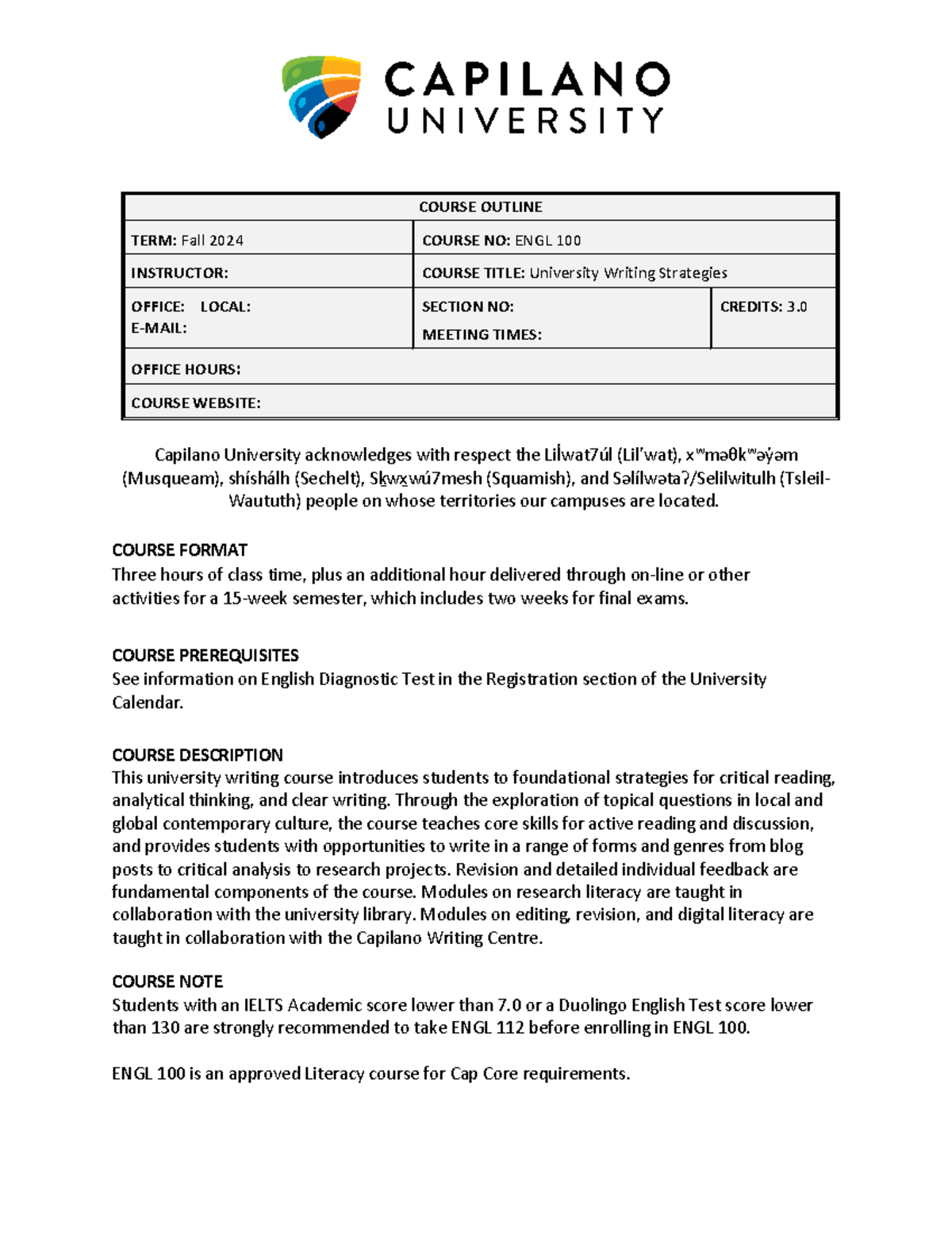 ENGL 100 202430 2024 06 21 - COURSE OUTLINE TERM: Fall 2024 COURSE NO ...