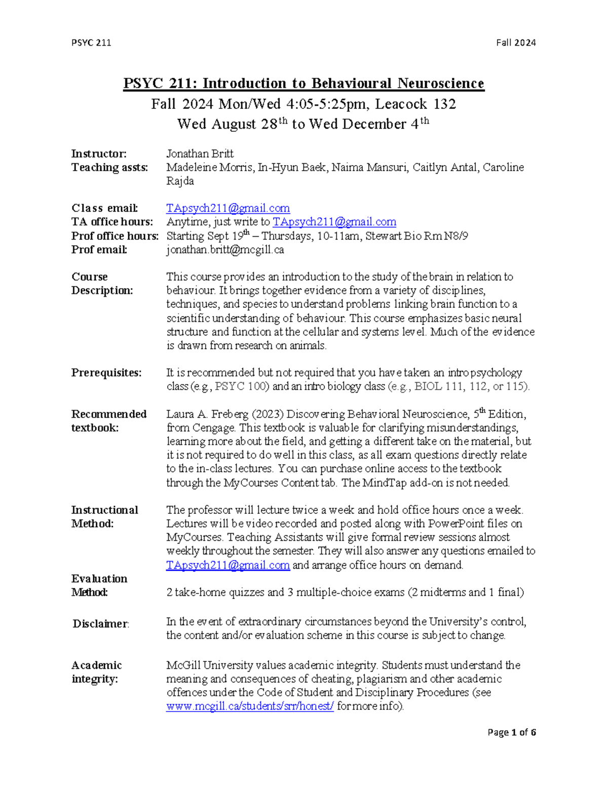PSYC211 2024 Syllabus - Copy - PSYC 211: Introduction to Behavioural ...
