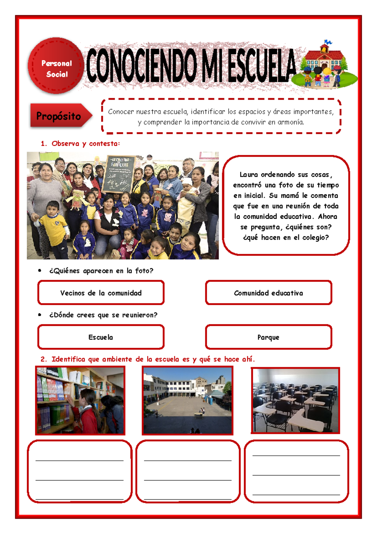 Ficha-D2-PS- Conociendo MI Escuela - 1. Observa y contesta: ¿Quiénes ...