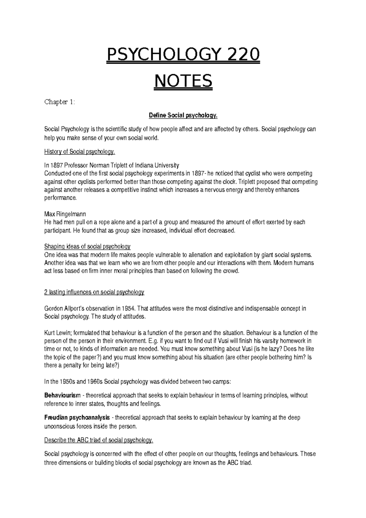 Psychology 220 chapter 1 semester 1 study notes - PSYCHOLOGY 220 NOTES ...