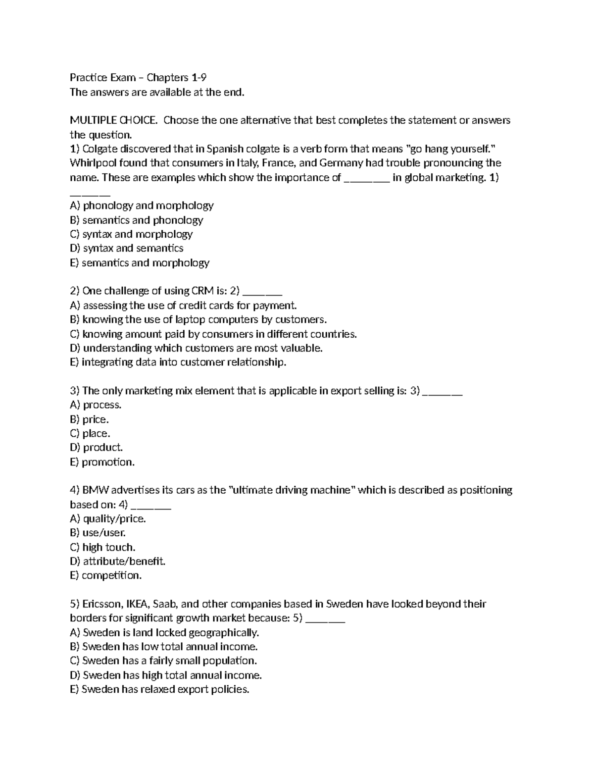 Practice Exam - MULTIPLE CHOICE. Choose the one alternative that best ...