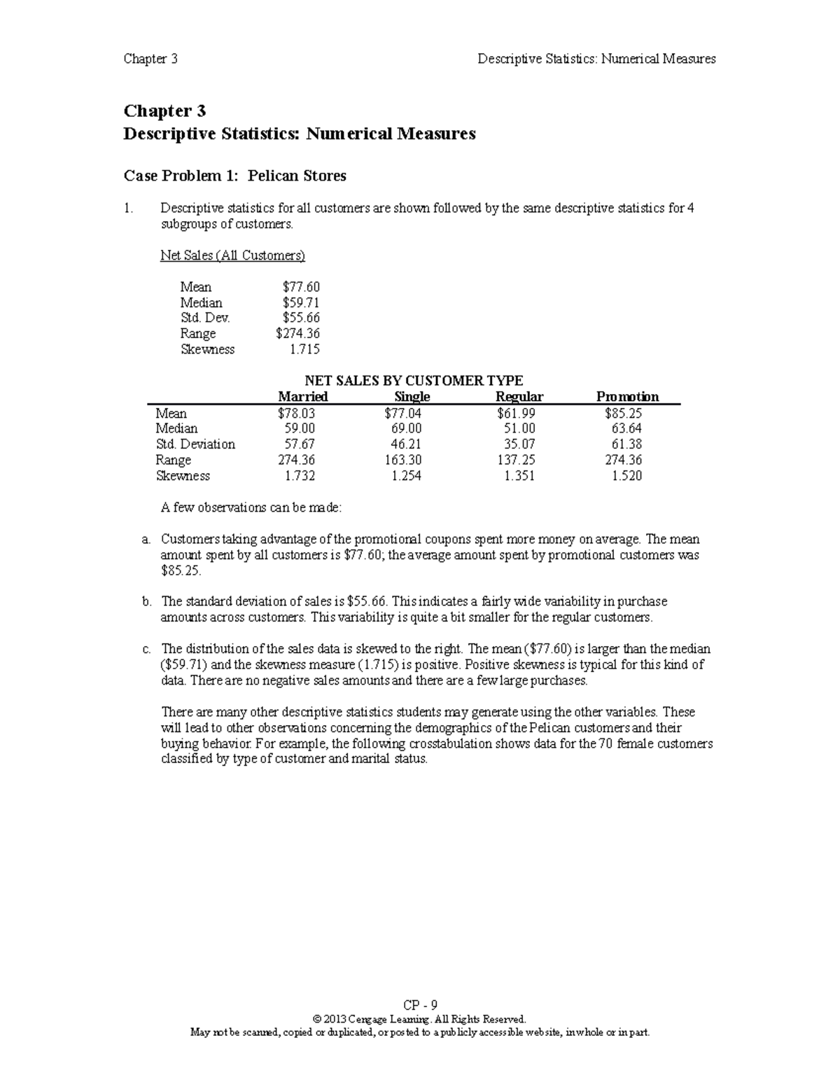 CASE Solution - Chapter 3 Descriptive Statistics: Numerical Measures Case Problem 1: Pelican ...