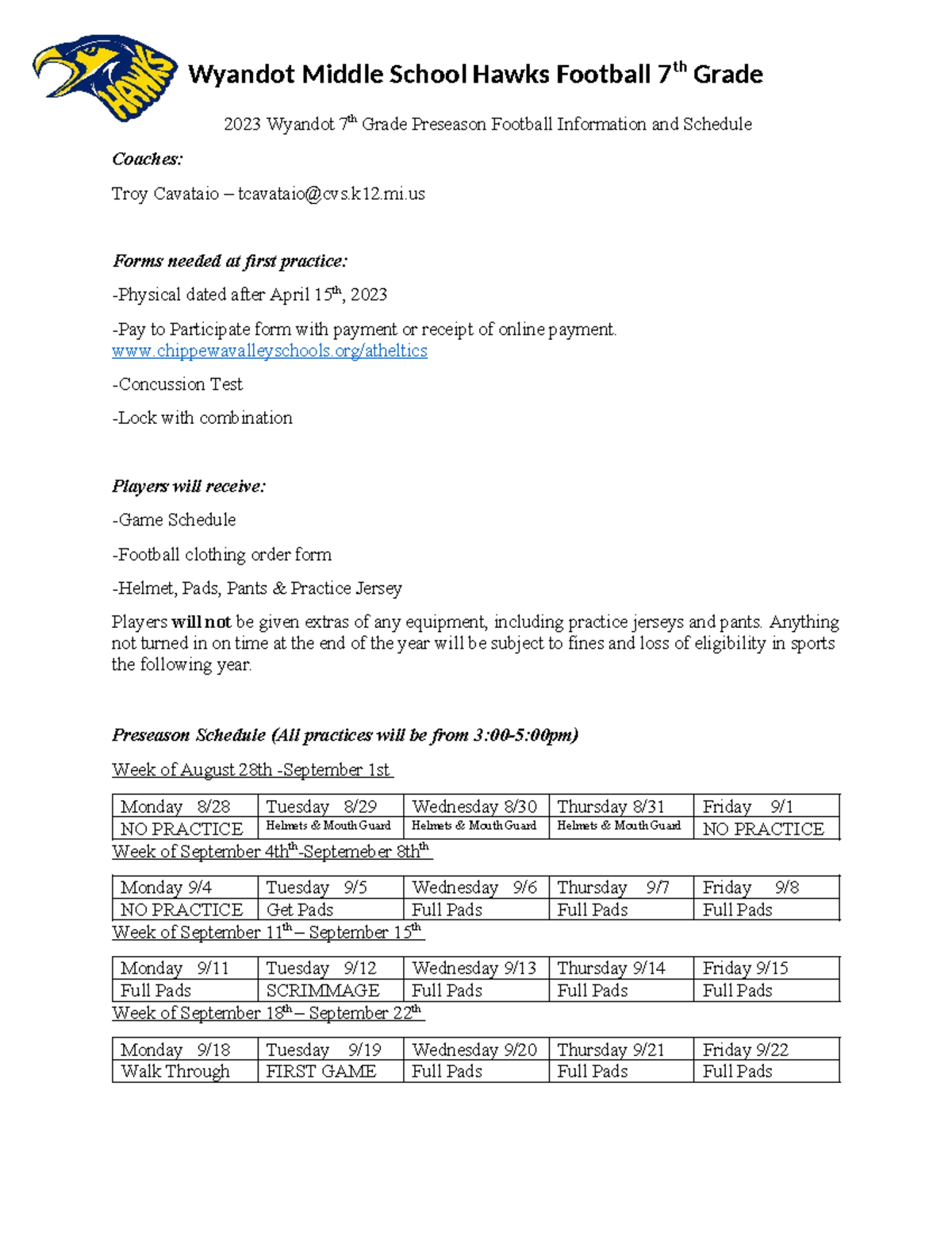 2023 7th grade football information 1 - Wyandot Middle School Hawks ...