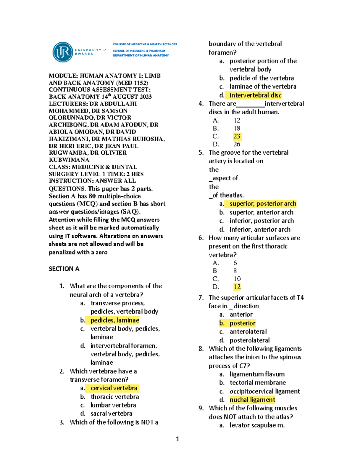 CAT1 Question 2023 - Practical anatomy - MODULE: HUMAN ANATOMY I: LIMB ...