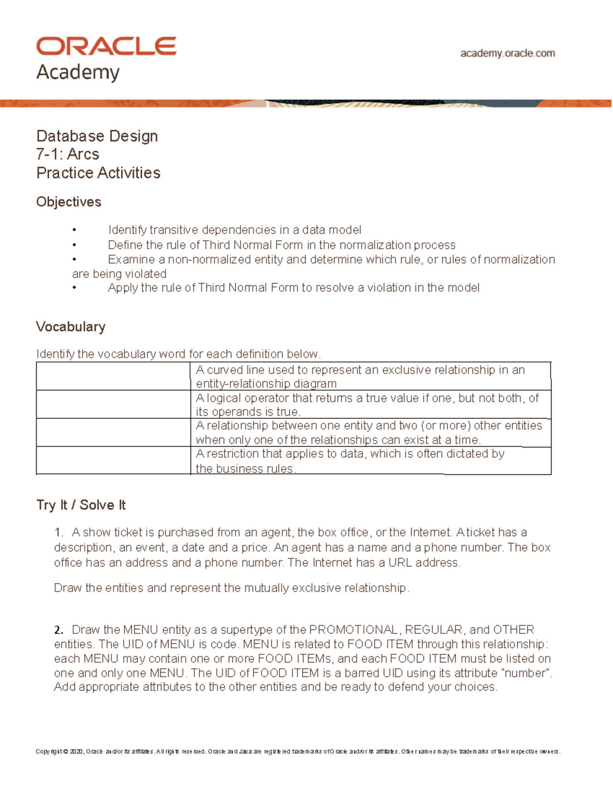 DD 7 1 Practice - Database Design 7-1: Arcs Practice Activities Objectives Identify transitive ...