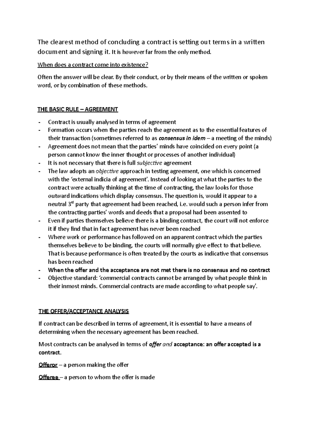 Contract notes part I - The clearest method of concluding a contract is ...