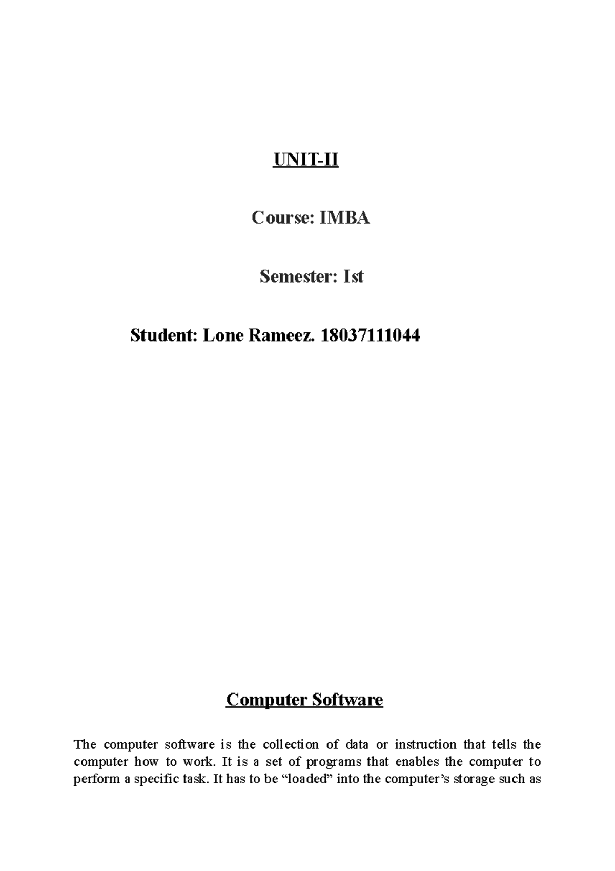 Computer application unit 2 assignment - UNIT-II Course: IMBA Semester ...