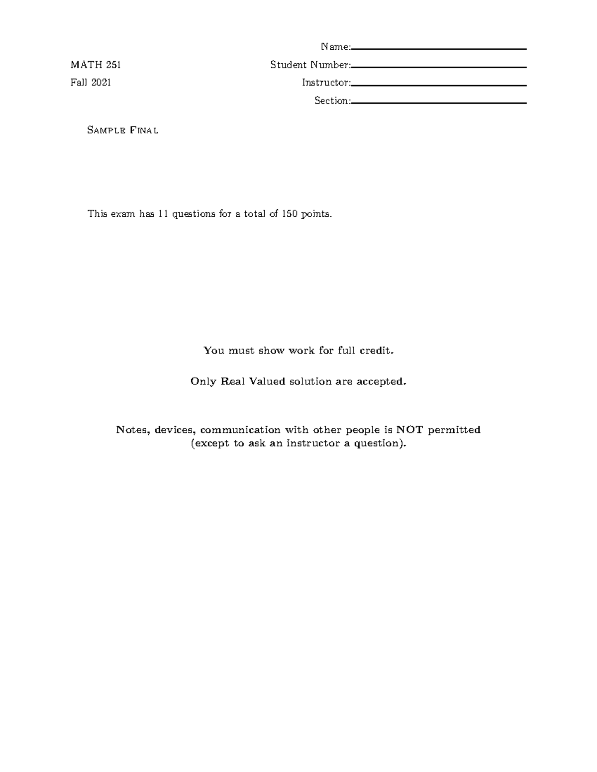 Sample Final for math 251 - MATH 251 Fall 2021 Name: Student Number ...