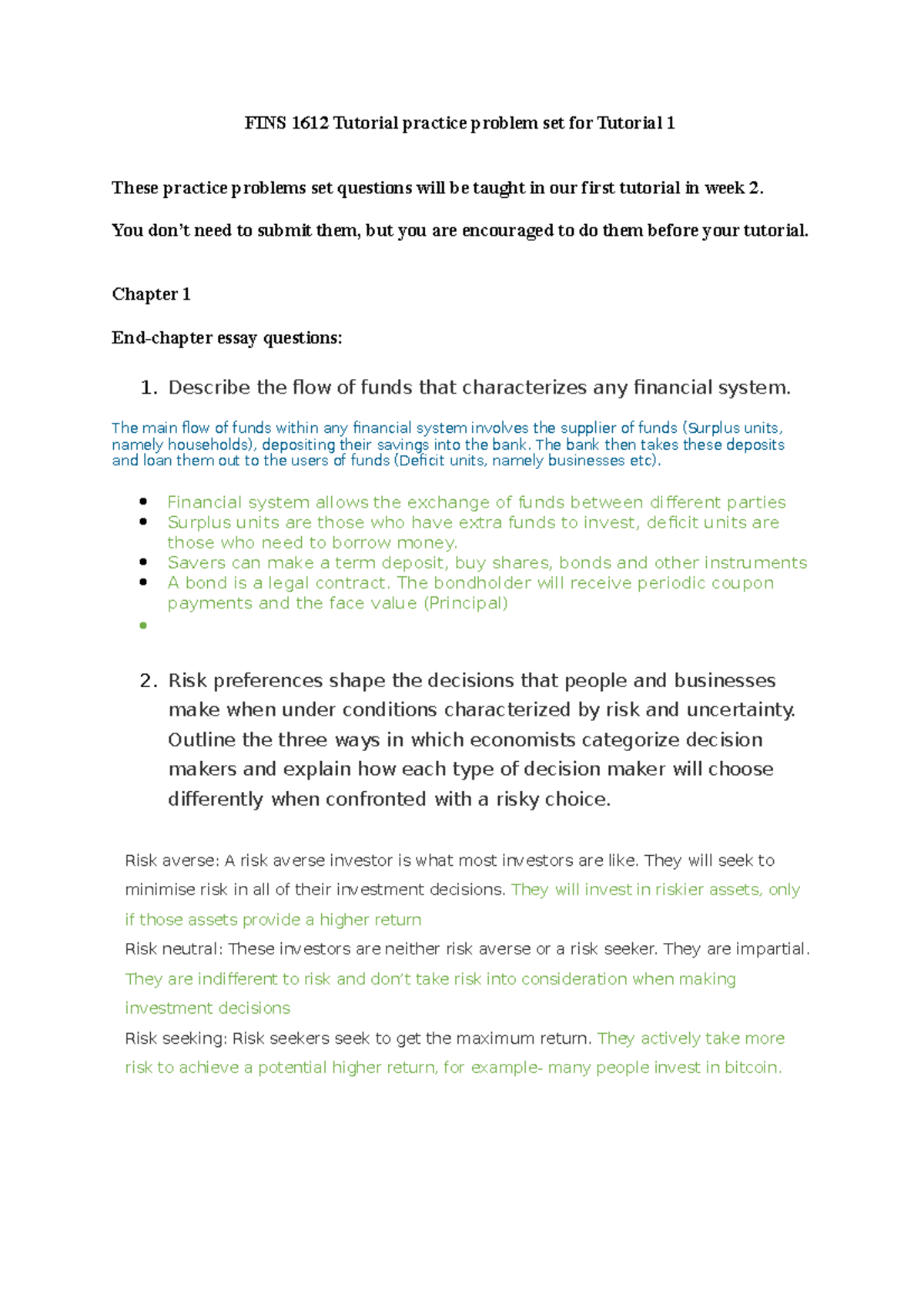 FINS1612 week 1 problem set - FINS 1612 Tutorial practice problem set for Tutorial 1 These ...