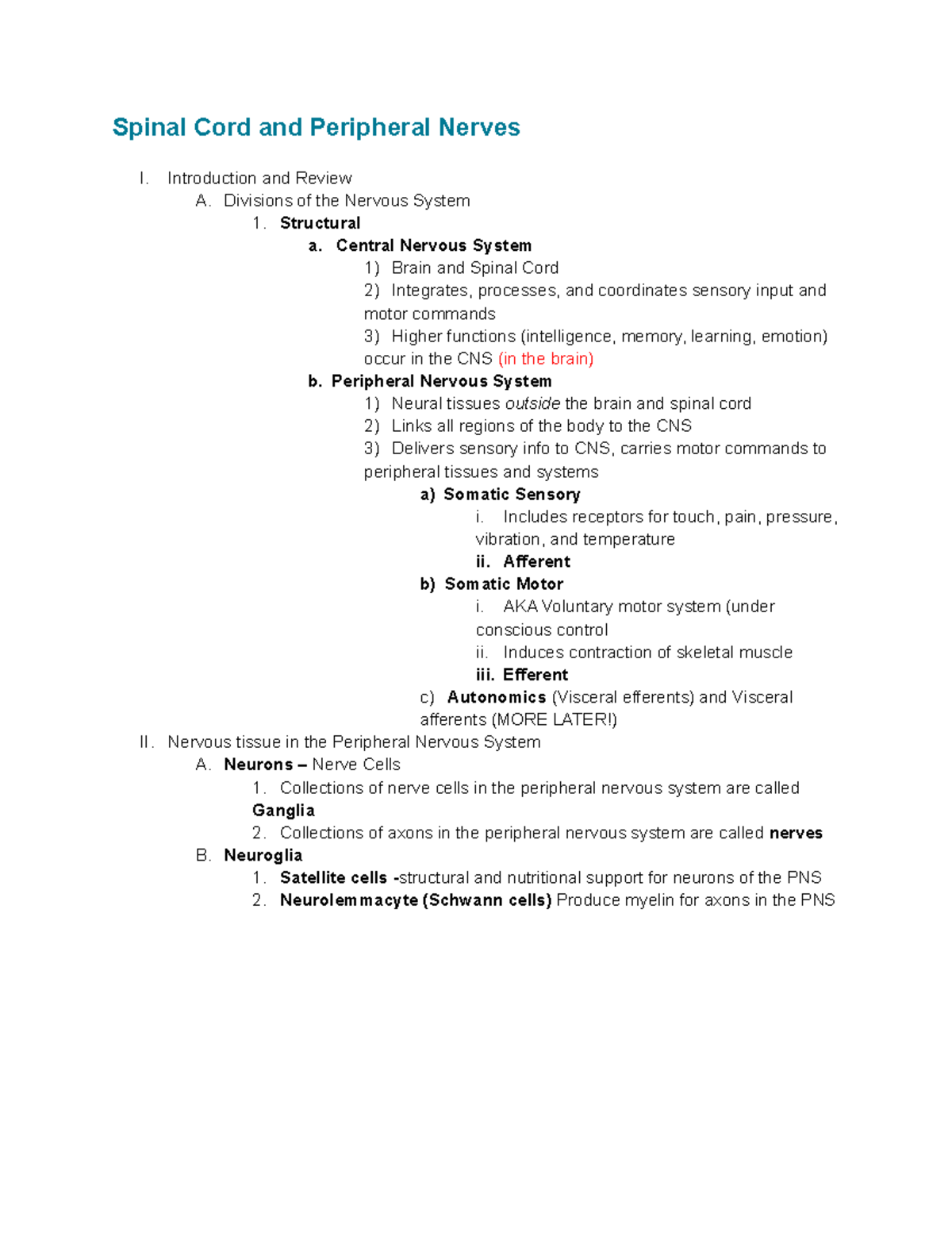 Spinal Cord and Peripheral Nerves - Introduction and Review A ...
