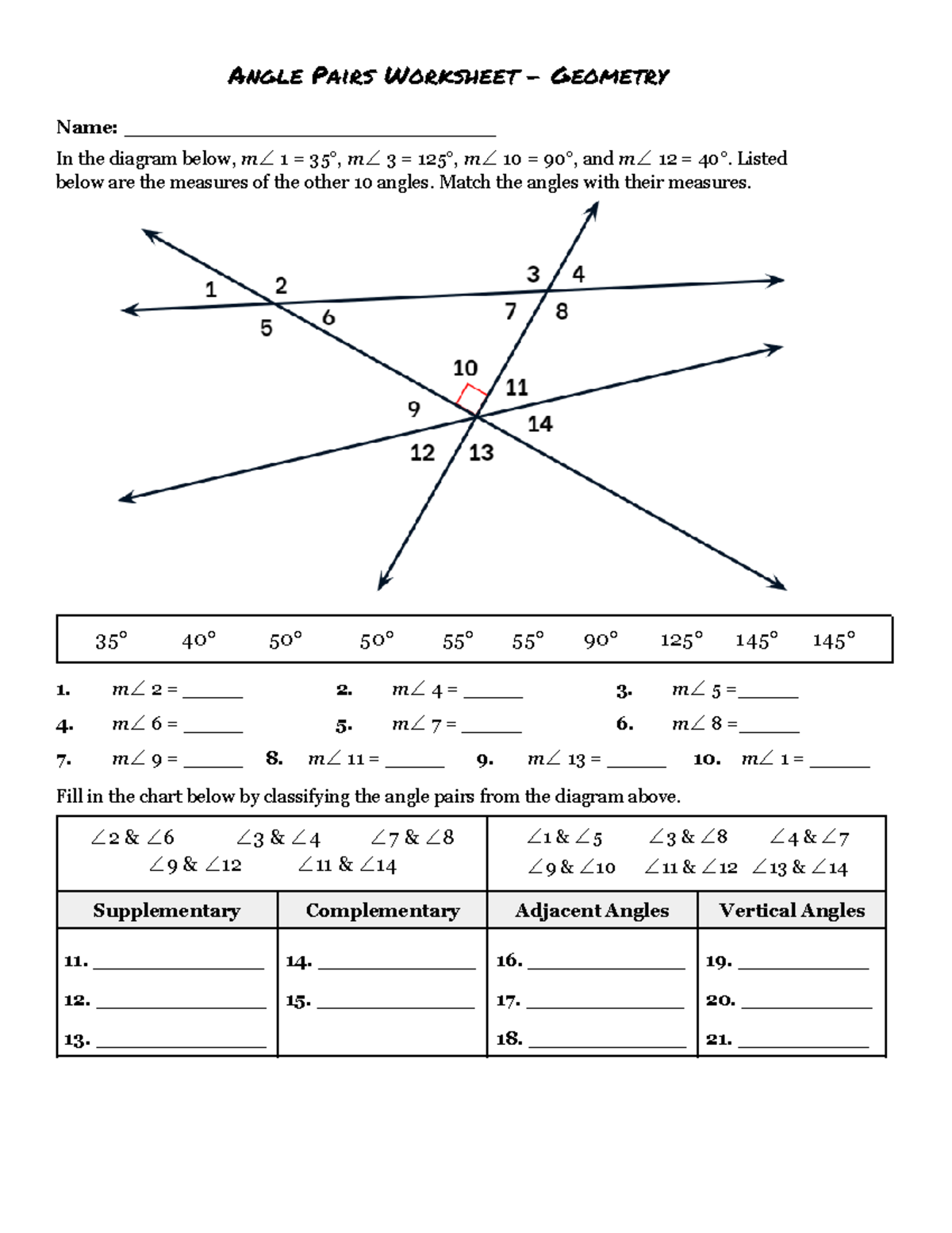 Angle Pairs Worksheet-1 - Listed below are the measures of the other 10 ...