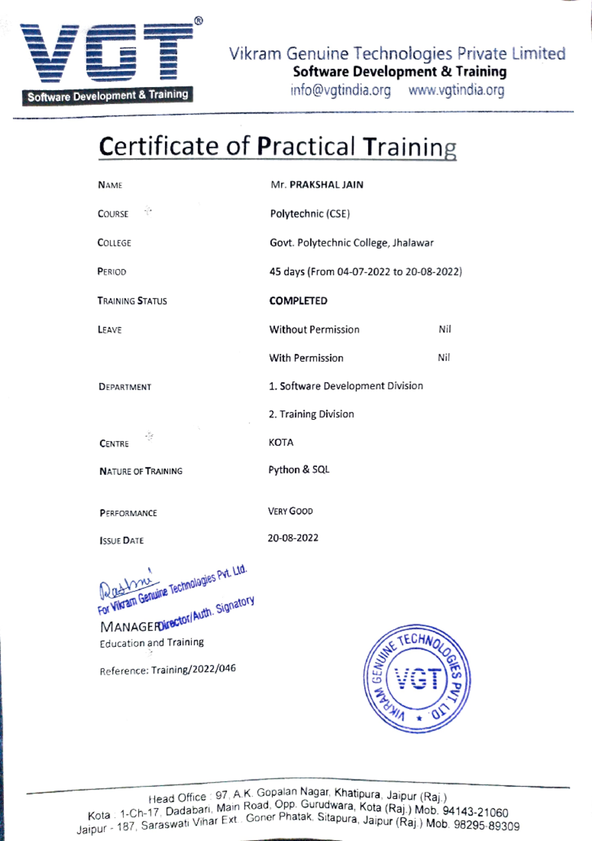 Python Training Certificate Vct Vikram Genuine Technologies Private Limited Software 