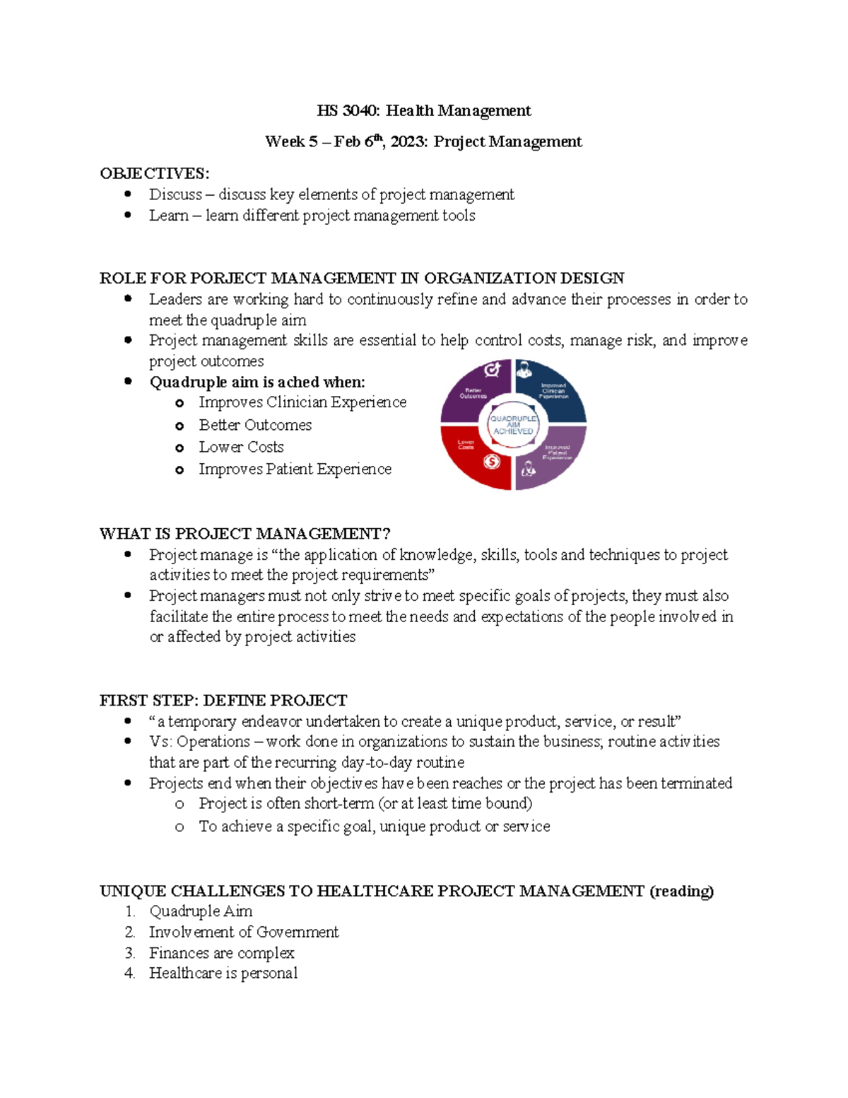 HS 3040 Week 5 - Lecture Notes - HS 3040: Health Management Week 5 ...