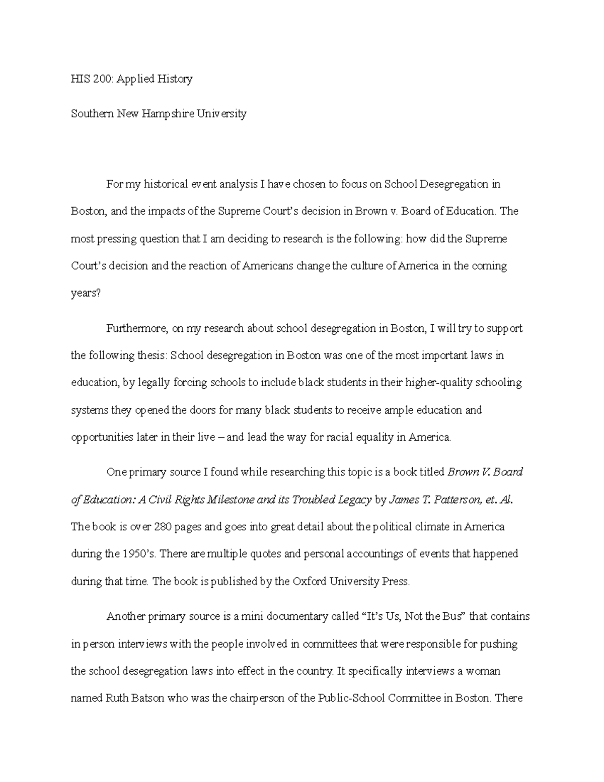 Writing plan - HIS 200: Applied History Southern New Hampshire ...