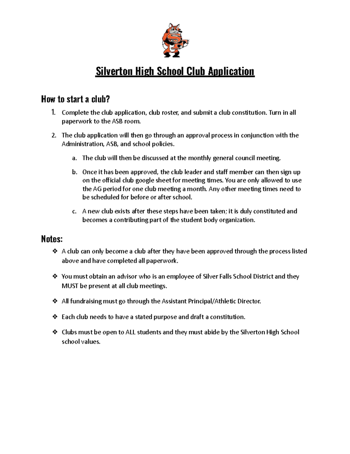 Silverton High School Club Application Information - Silverton High ...