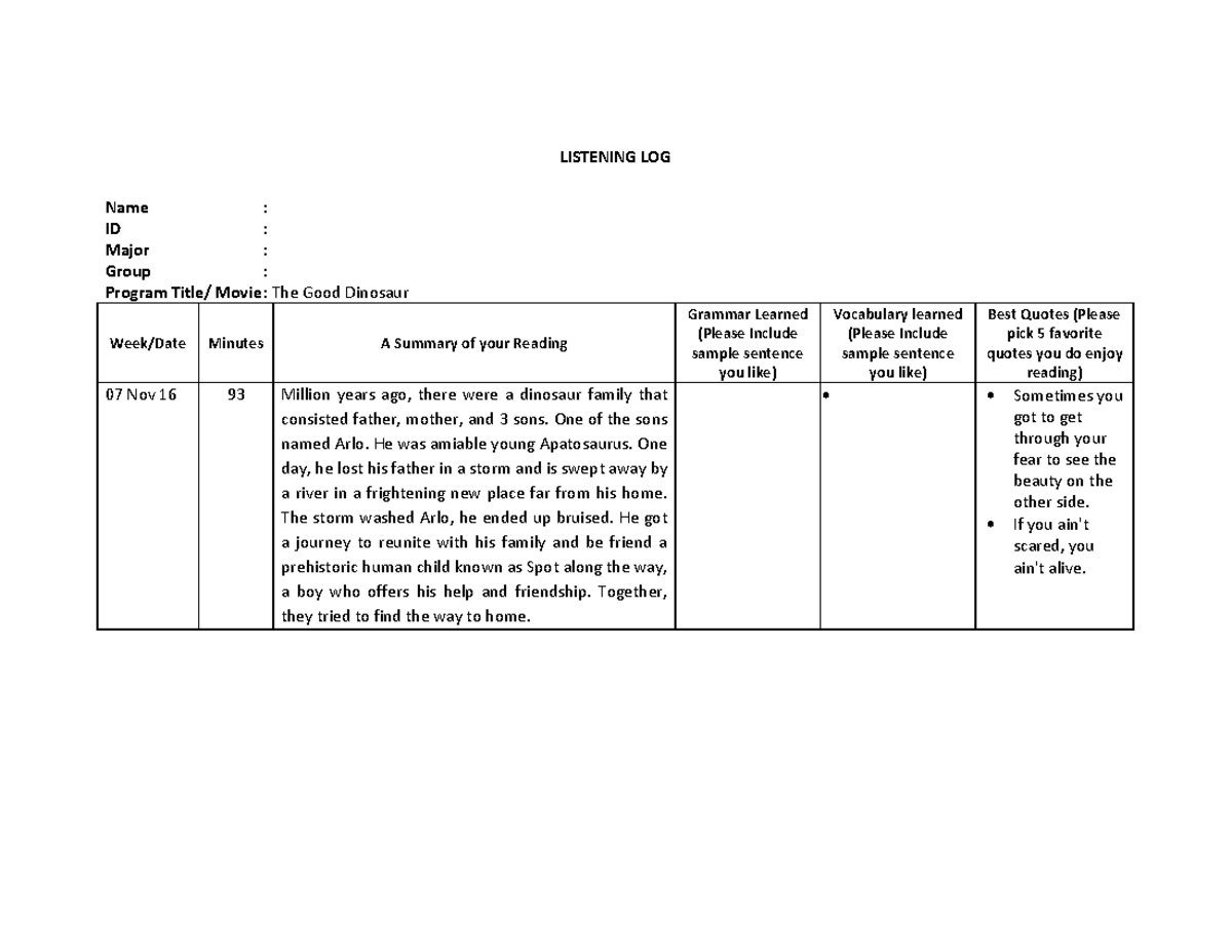 Listening LOG THE GOOD Dinosaur - LISTENING LOG Name : ID : Major ...