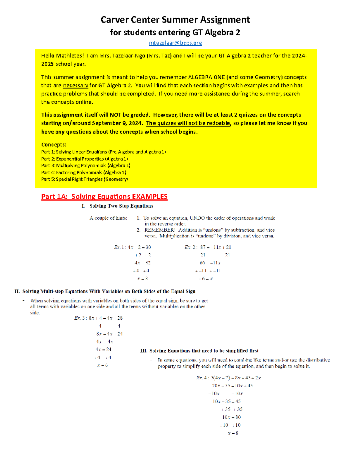 GTAlgebra 2 24 - practice mats - Carver Center Summer Assignment for ...