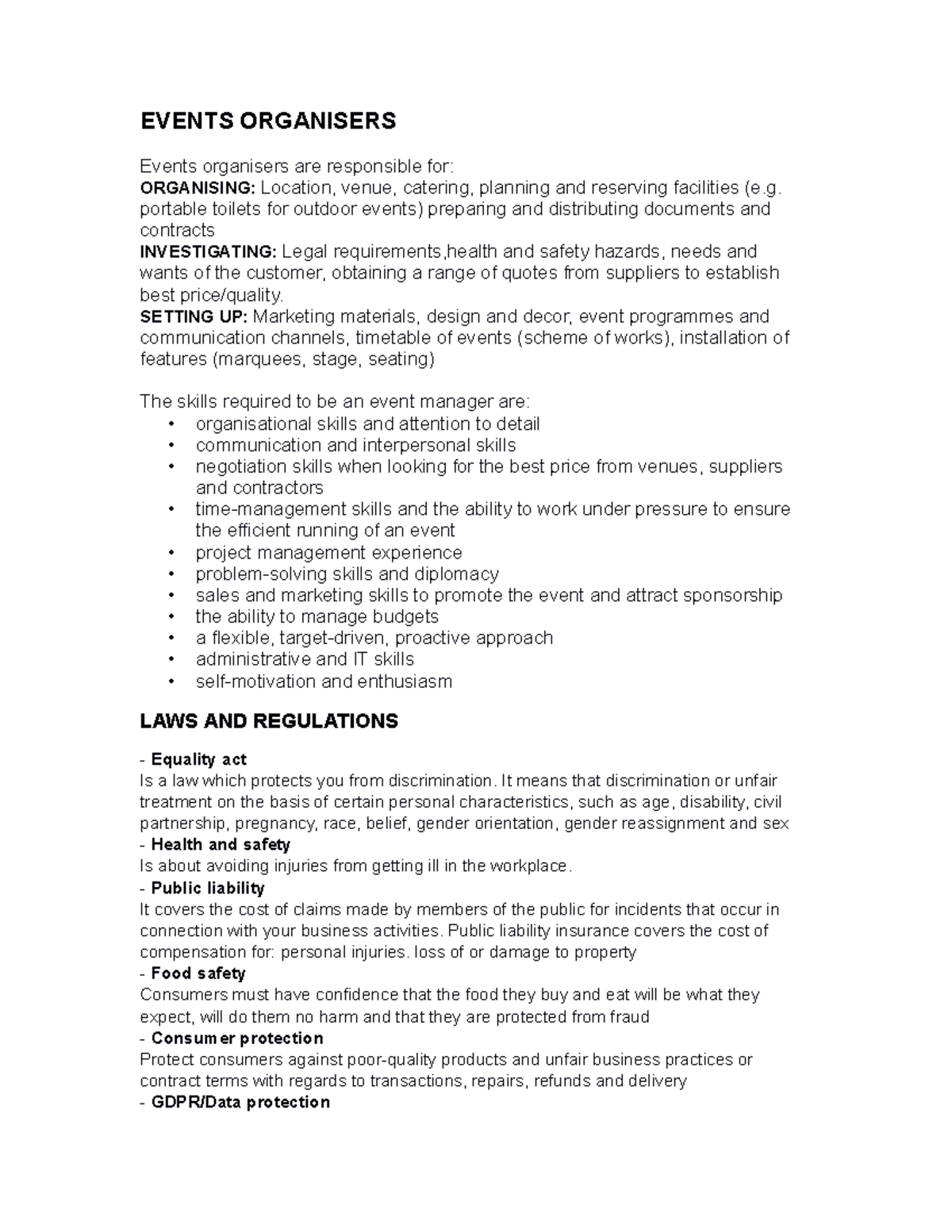 Unit 4 Managing an Event-D1 - EVENTS ORGANISERS Events organisers are ...