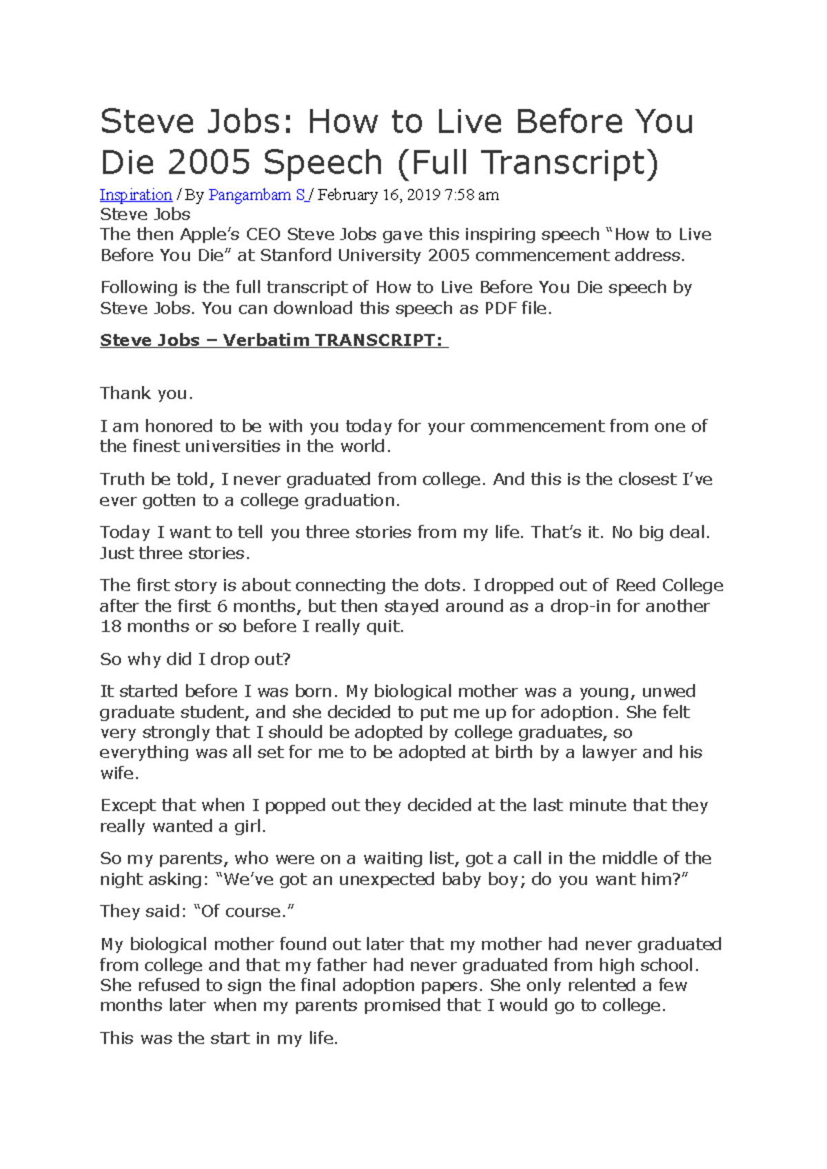 3.4.5 Steve Jobs - Full Speech - Steve Jobs: How to Live Before You Die ...