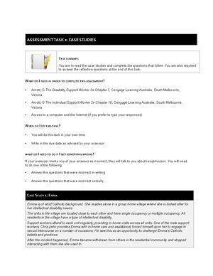 Case study 2 - SAB-CHCDIS007 - ASSESSMENT TASK 2: CASE STUDIES TASK ...
