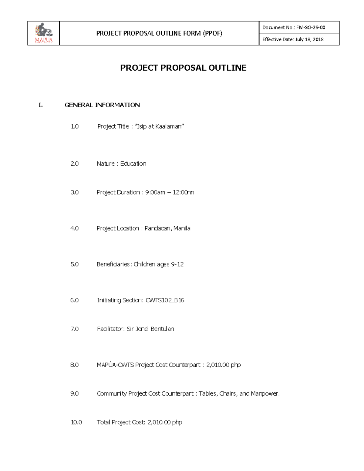 Project Proposal Outline Form for CWTS02&03-Landayan - PROJECT PROPOSAL ...