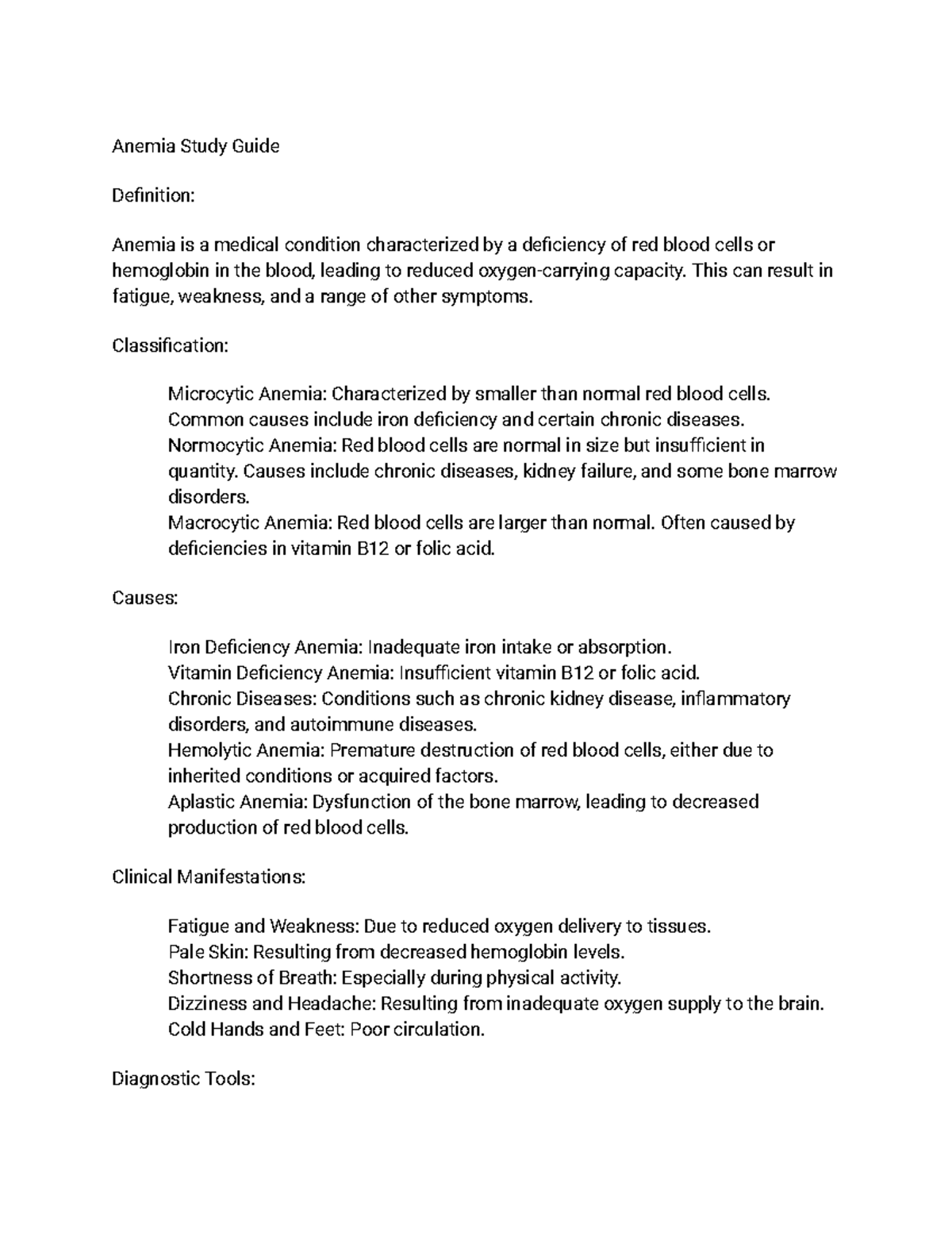 Anemia Study Guide - Anemia Study Guide Definition: Anemia is a medical ...