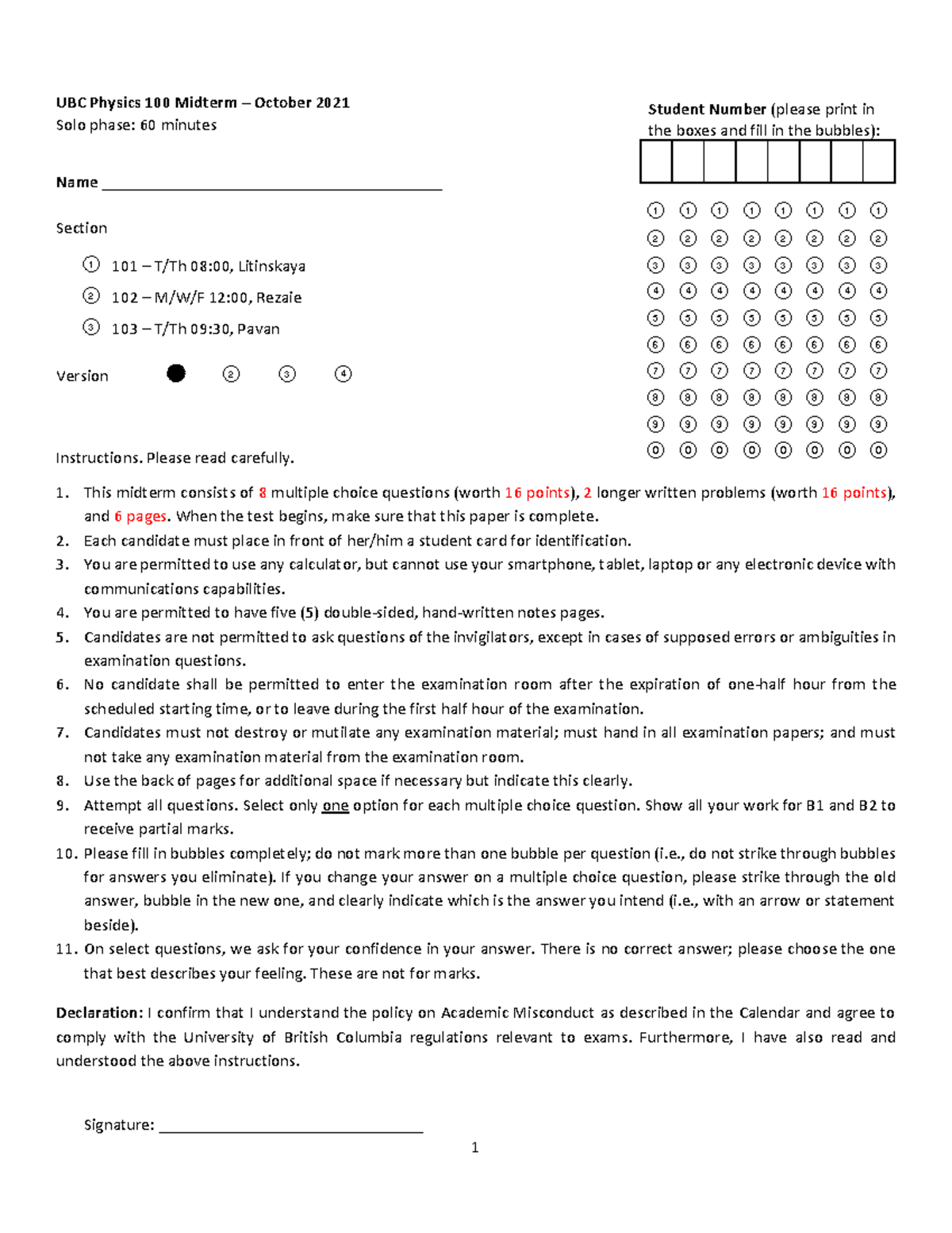 P100-2021W1 midterm - UBC Physics 100 Midterm – October 2021 Solo phase ...