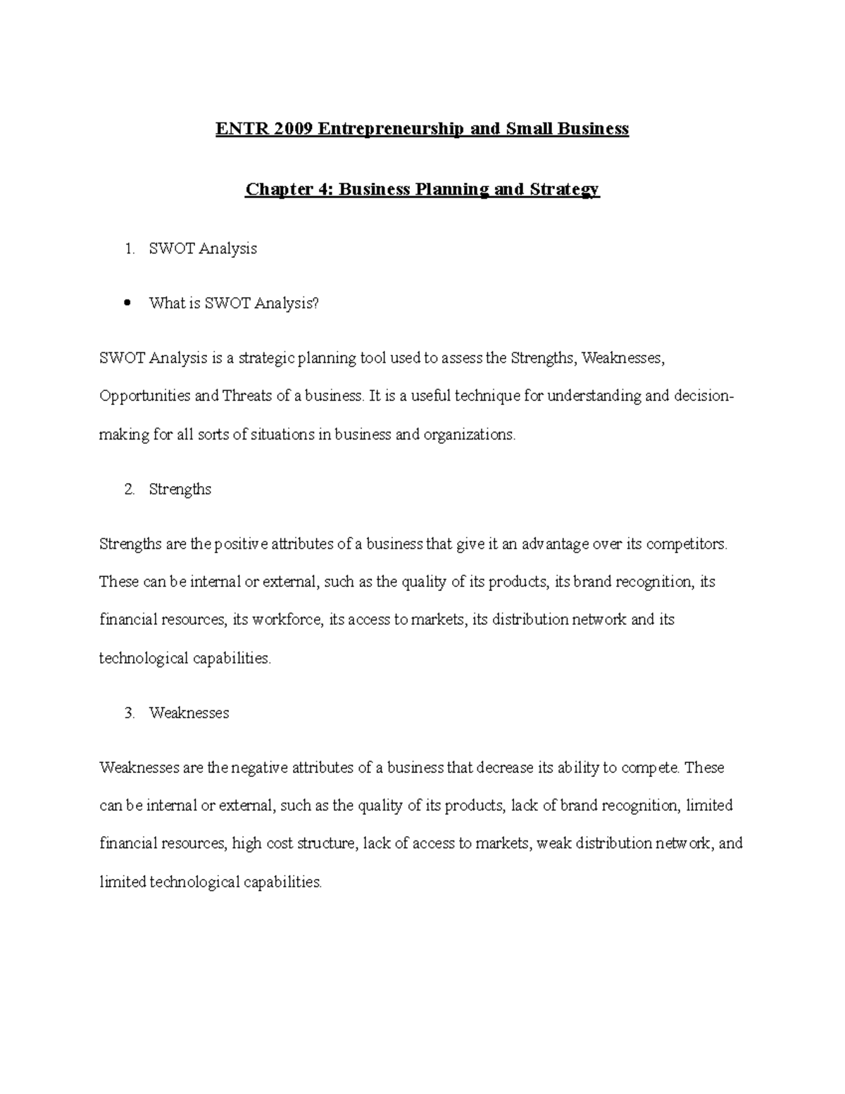 Chapter 4- Business Planning and Strategy - ENTR 2009 Entrepreneurship ...
