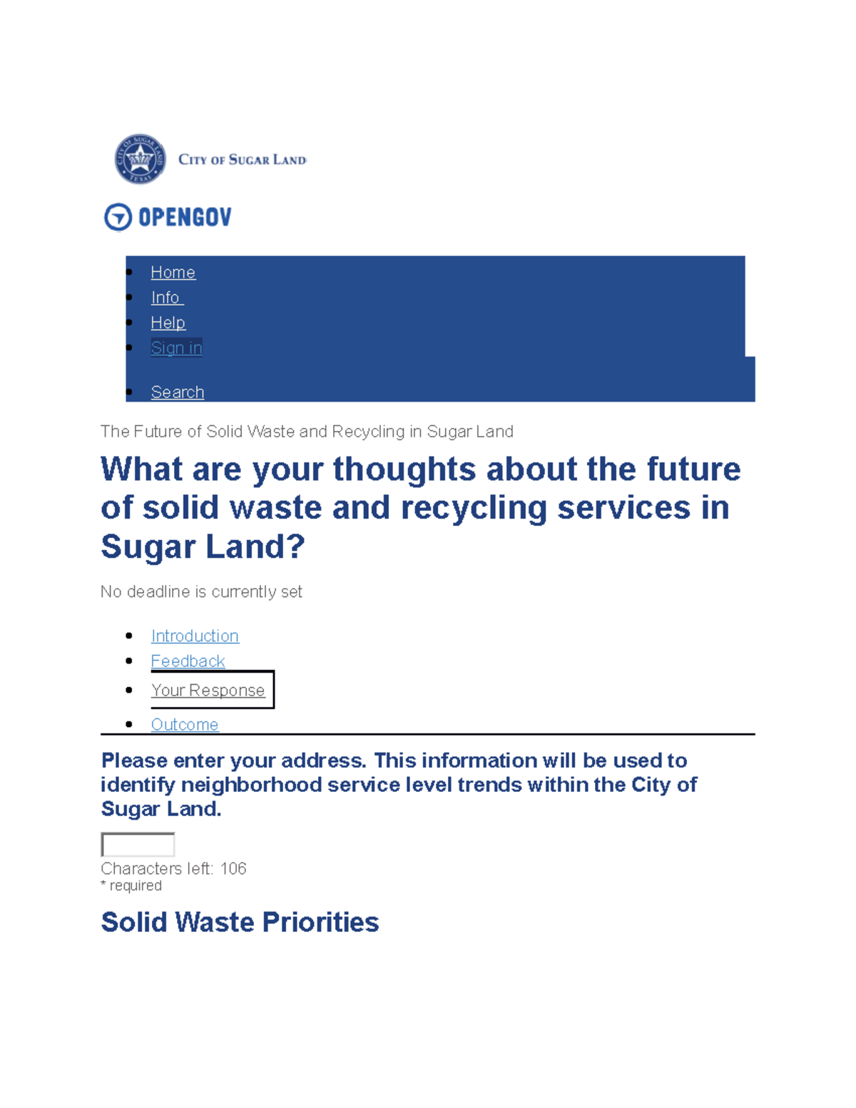 The solid waste survey due 11 26 2021 for the City of Sugar land TEXAS ...