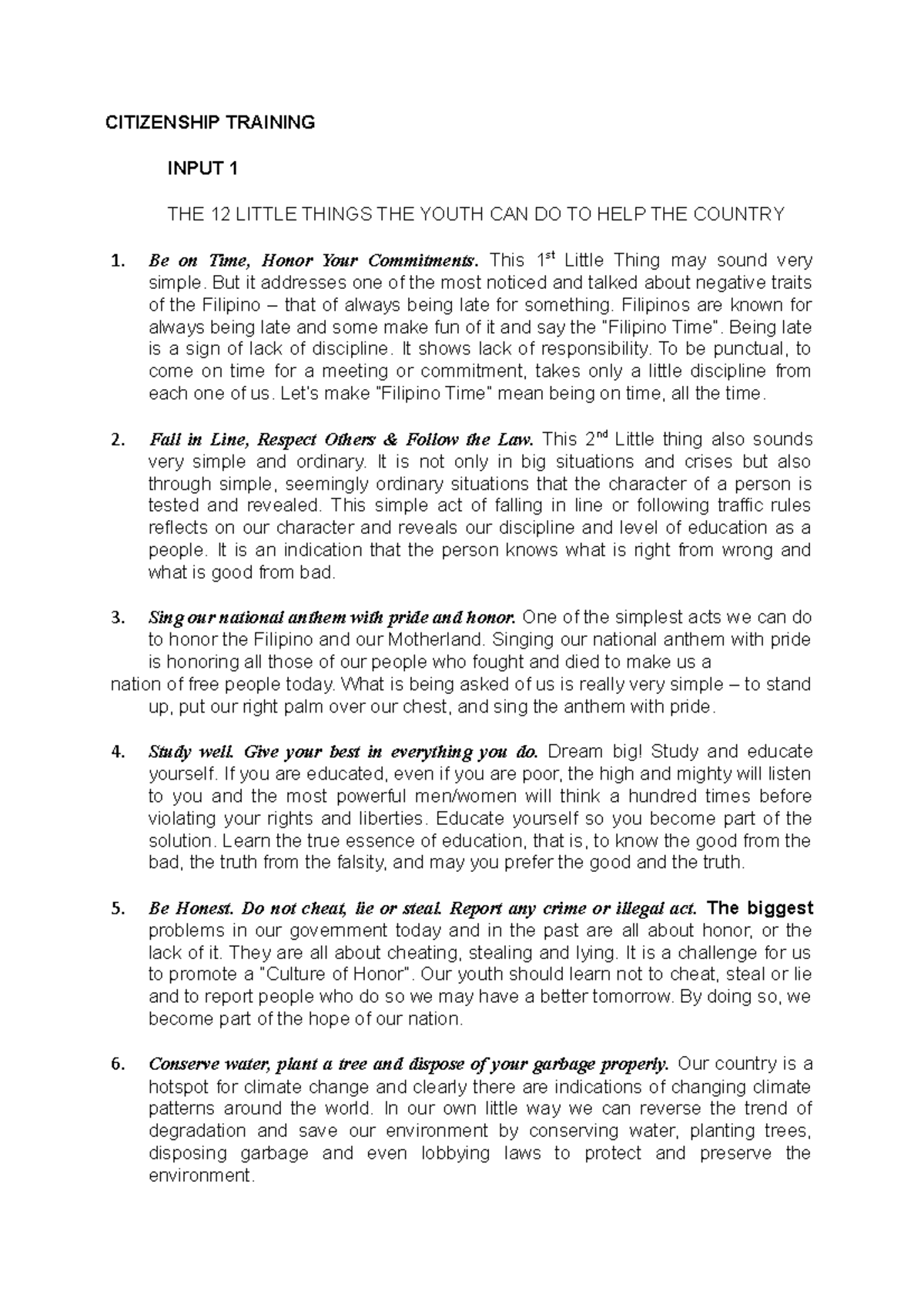 Citizenship Training - CITIZENSHIP TRAINING INPUT 1 THE 12 LITTLE ...