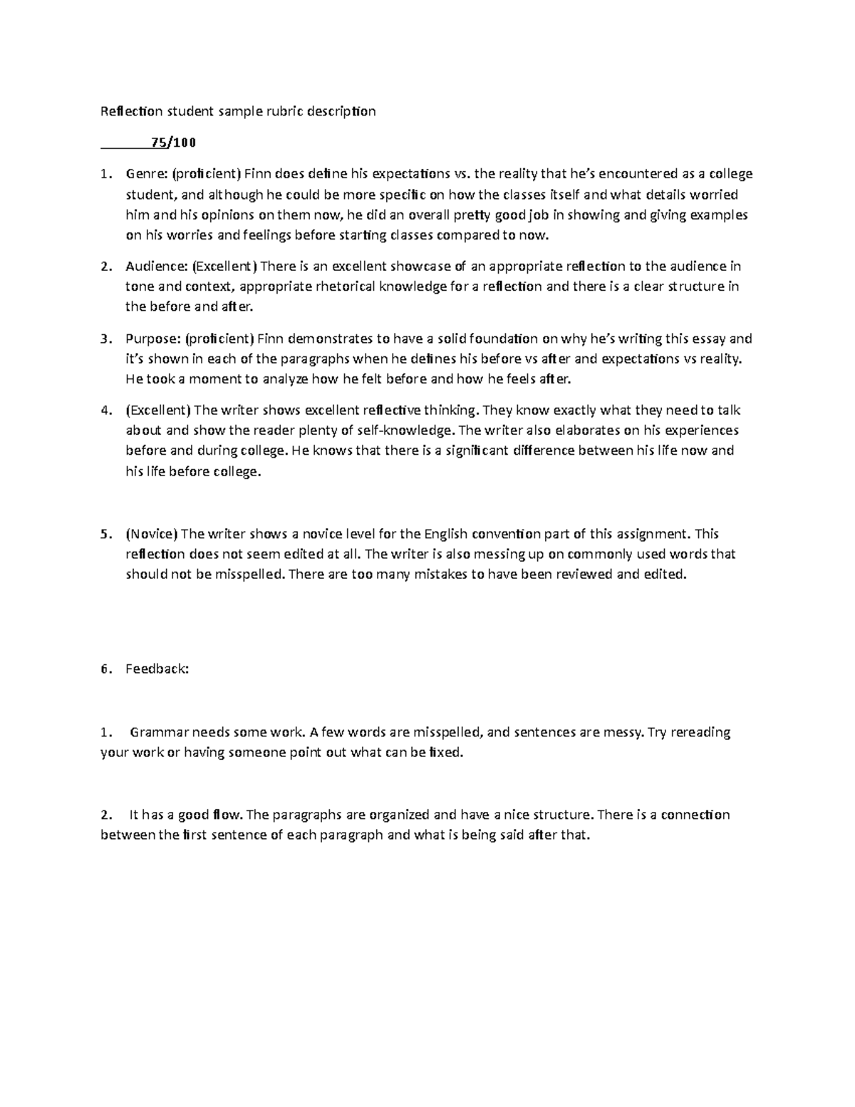 Reflection student sample rubric description - the reality that he’s ...