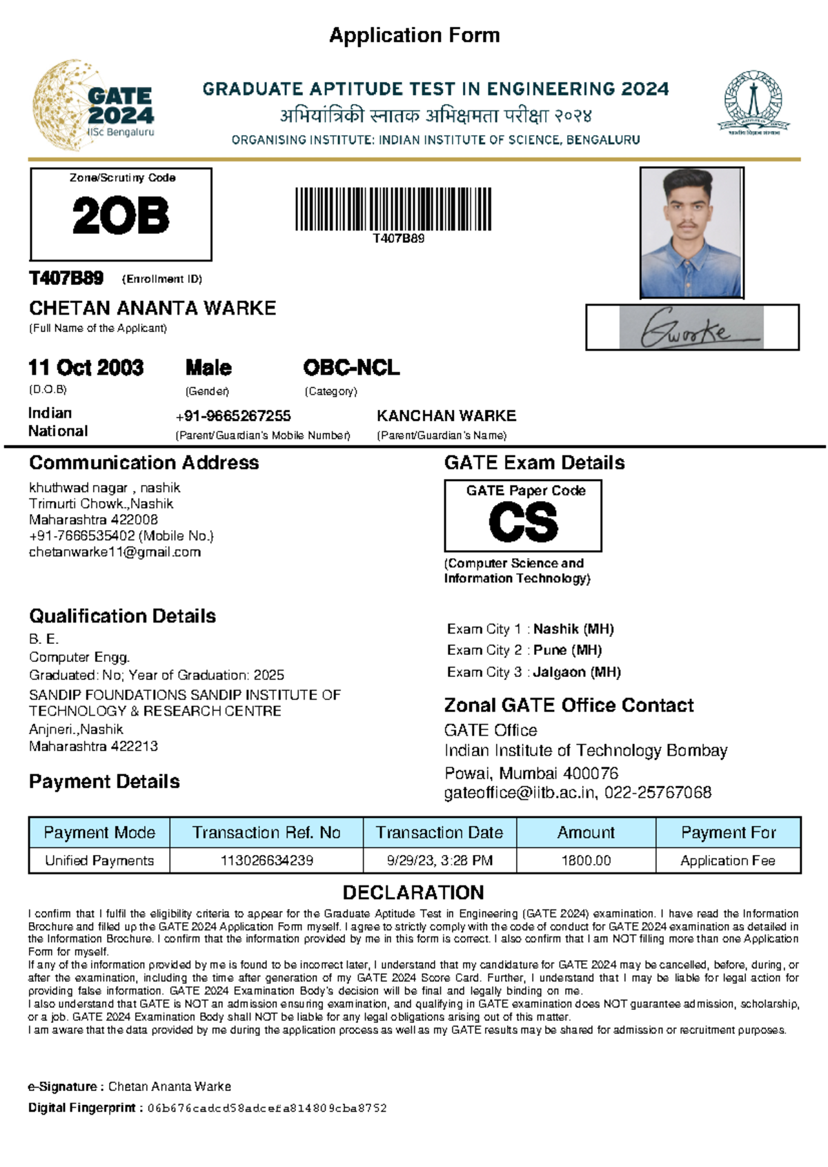 T407B89Application Form - T407B89 (Enrollment ID) Zone/Scrutiny Code ...