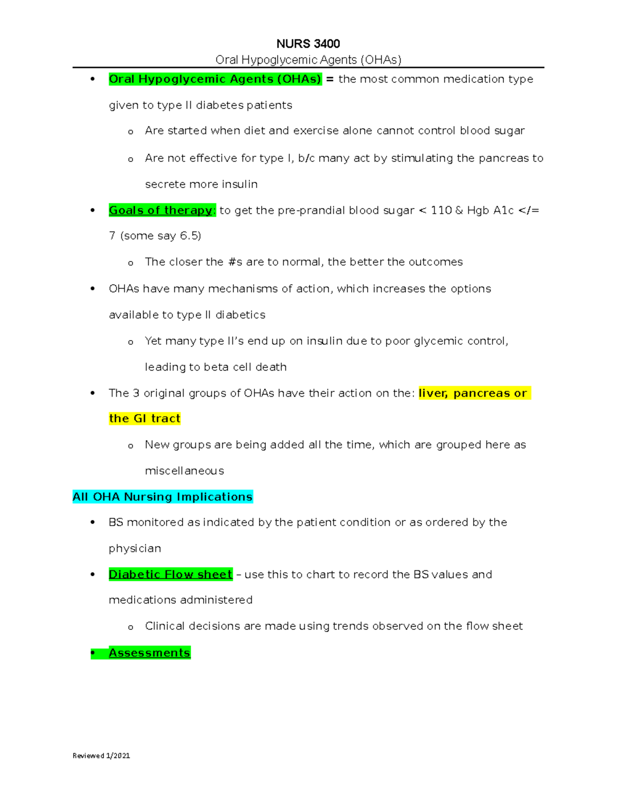 9 OHA student outline - Chapter 9 Lecture Notes - Oral Hypoglycemic ...