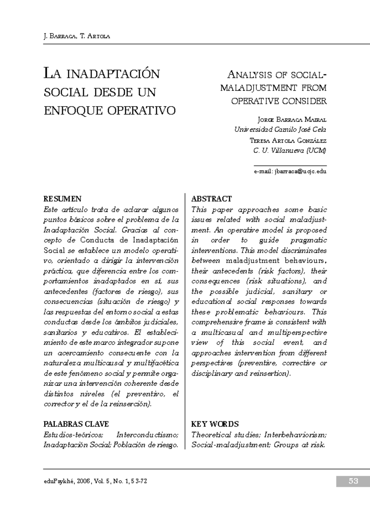 La Inadaptacion Social desde un modelo operativo - eduPsykhé, 2006, Vol. 5, No. 1, 53-72 53 J ...