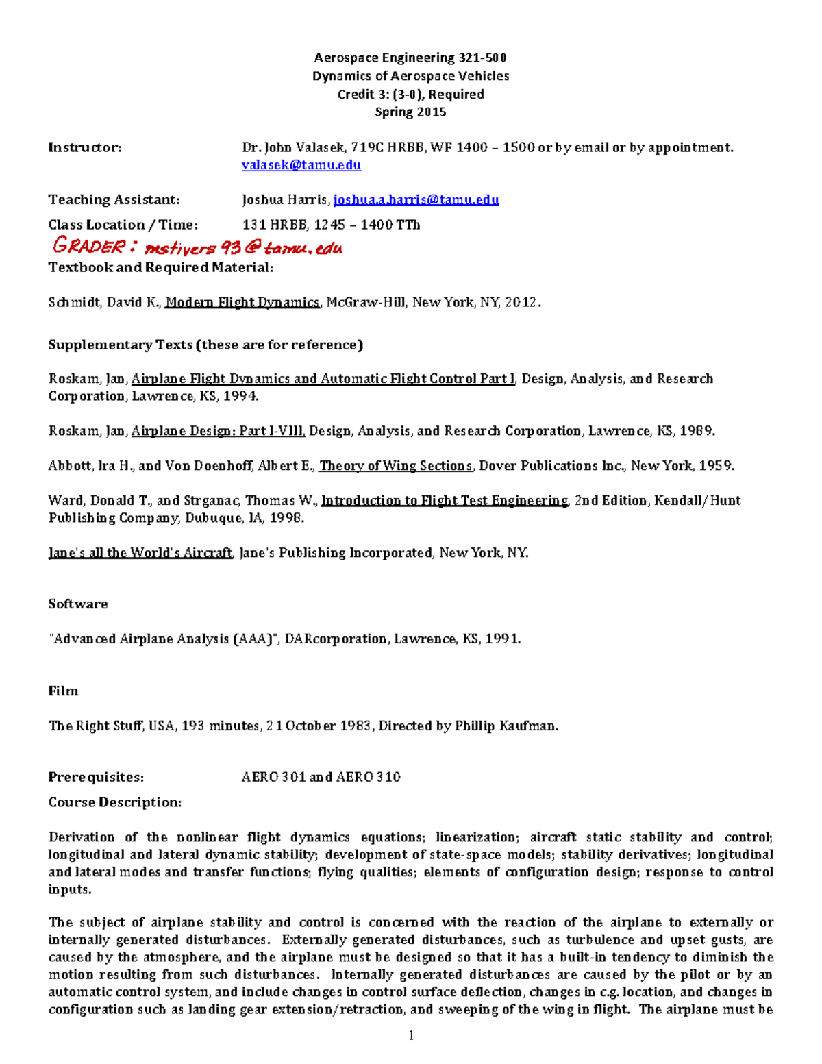 Dynamics of Aerospace Vehicles - Lecture notes - Notes - Aerospace ...