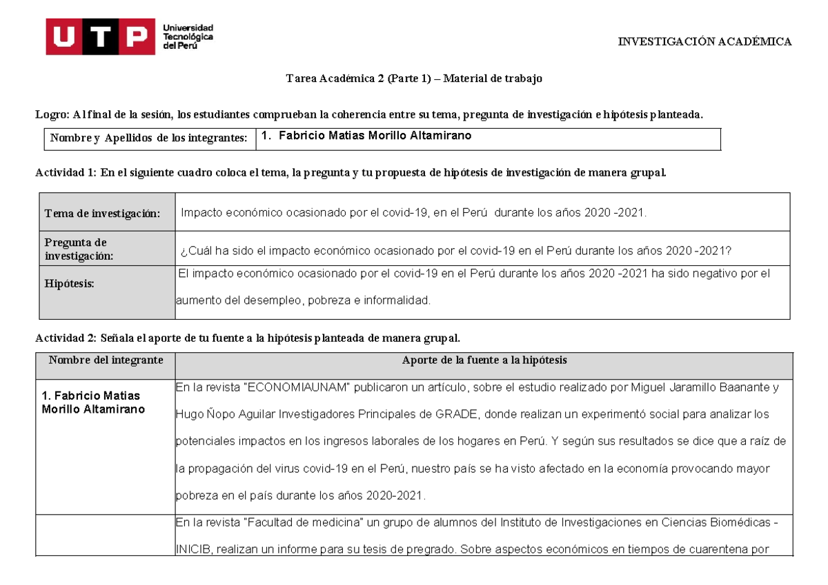 Semana 8 Formato de presentación de Tarea Académica 2 Parte 1 - Tarea Académica 2 (Parte 1 ...