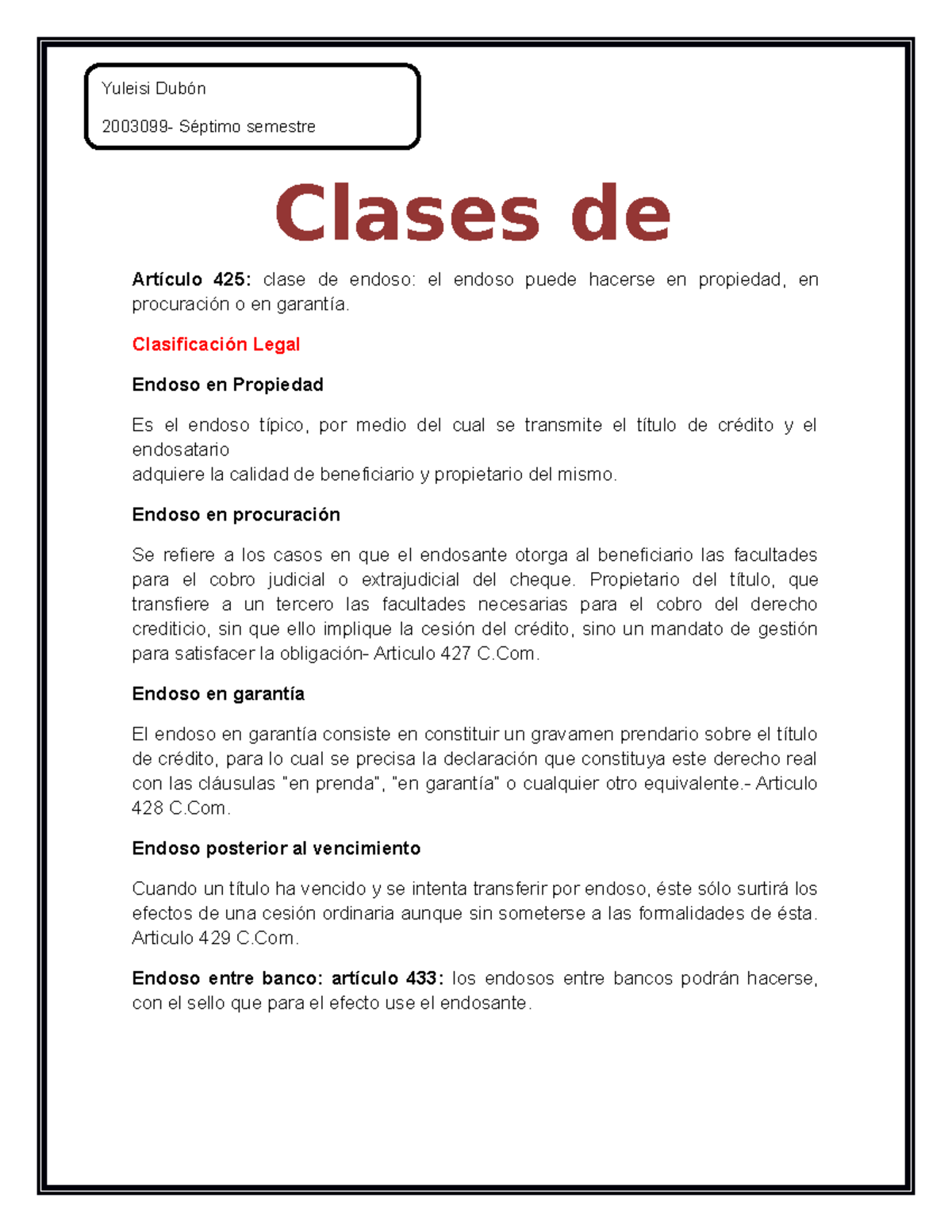 Clases de endoso - Artículo 425: clase de endoso: el endoso puede ...