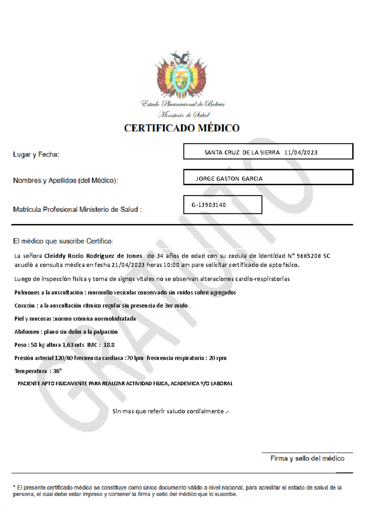 Certificado medico word - La señora Cleiddy Rocio Rodriguez de Jones de ...