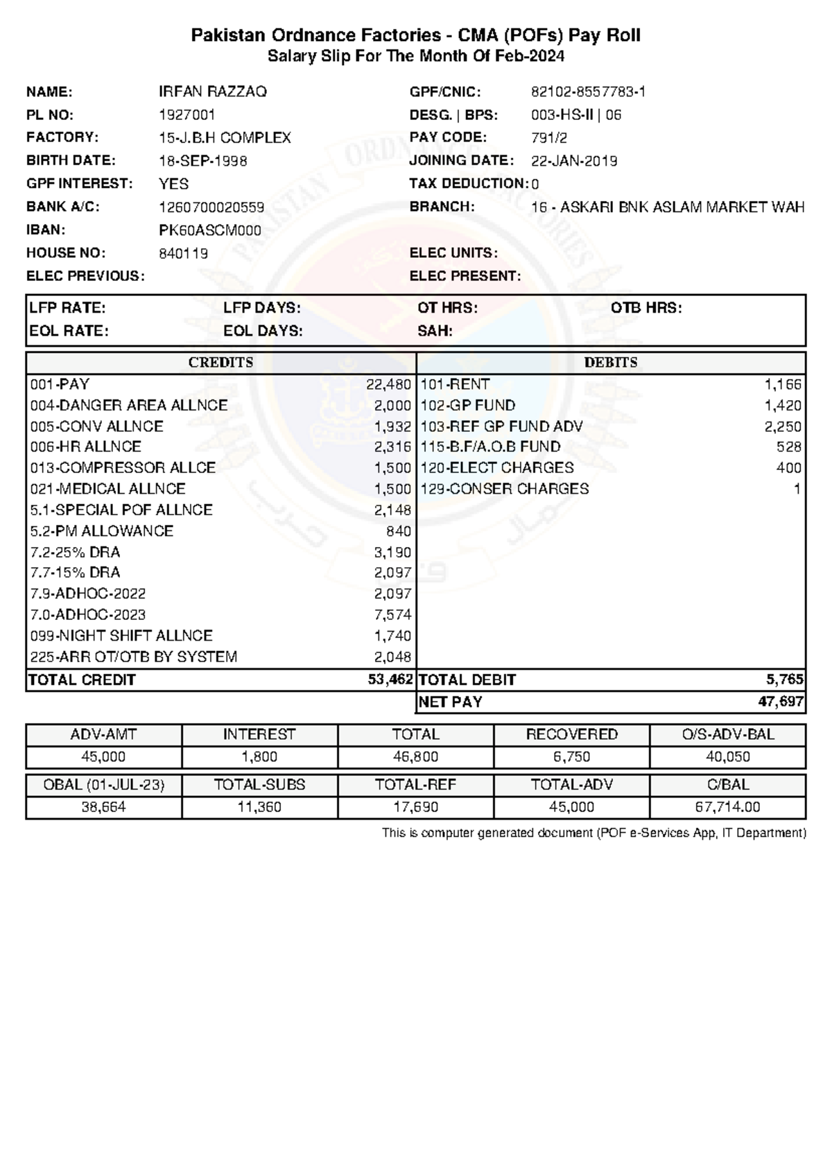 Payslip 82102-8557783-1 01-FEB-2024 - Pakistan Ordnance Factories - CMA ...