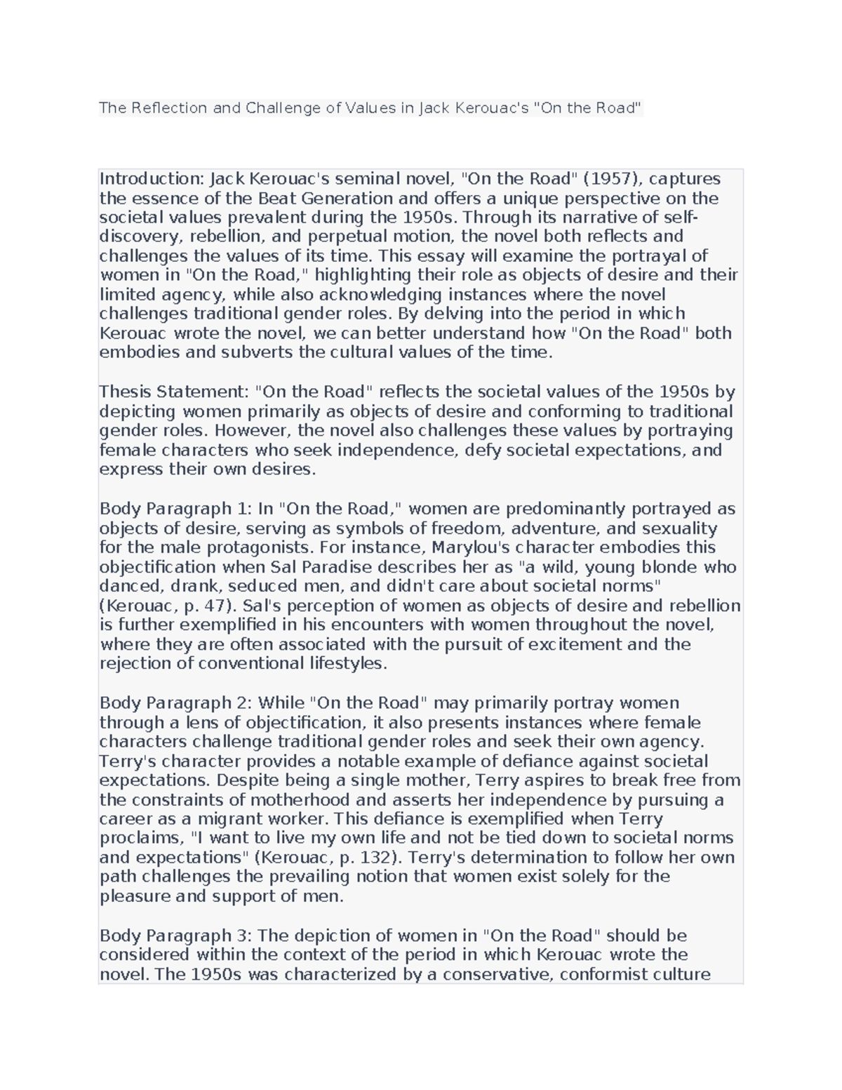 Chat GPT The Reflection and Challenge of Values in Jack Kerouac's On ...