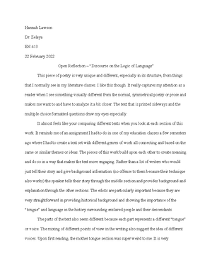 Open Reflection – “Tante Merle” - Hannah Lawson Dr. Zelaya EN 413 15 ...