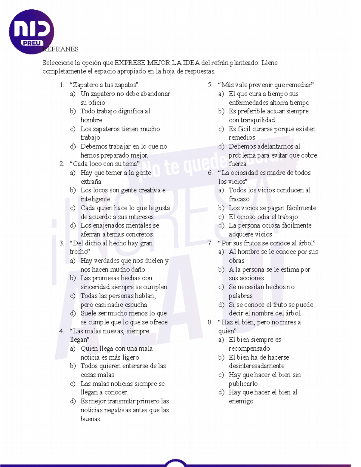 5. Refranes Prueba - APUNTES PARA ESTUDIAR - REFRANES Seleccione la ...