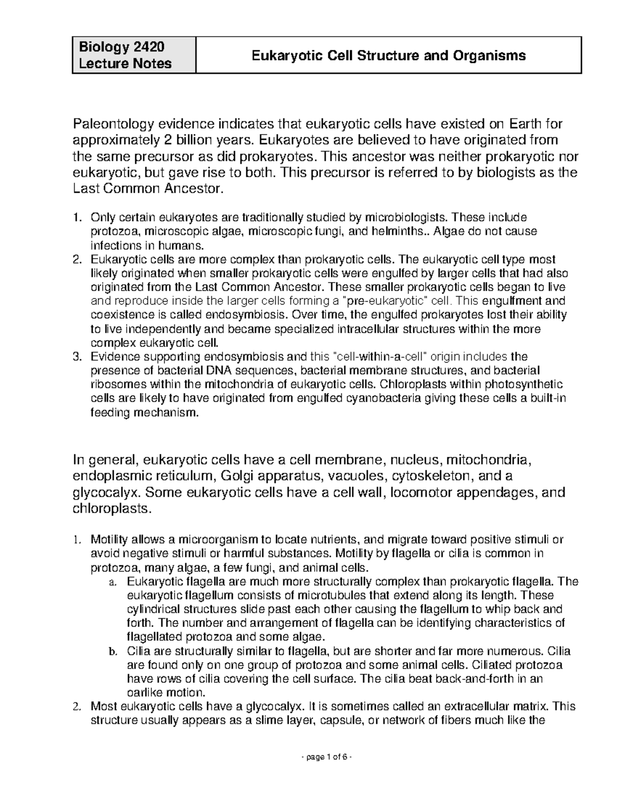 Microbiology Lecture Notes - Eukaryotic Cell Structure and Organisms ...