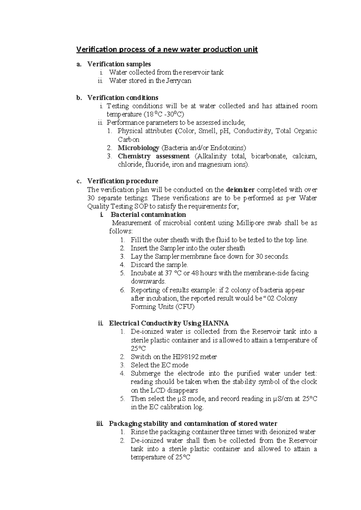 Verification process of a new water production unit - Verification ...