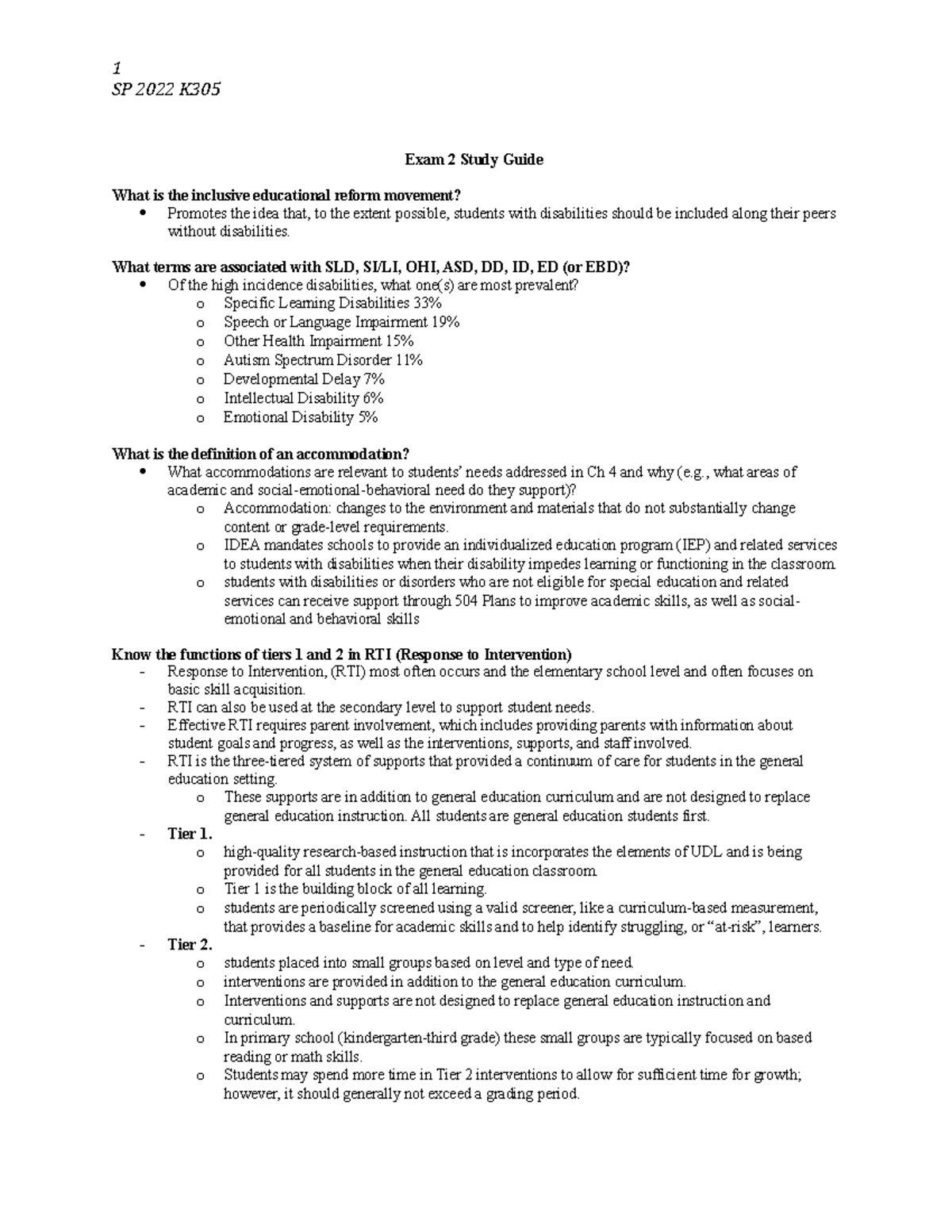 Exam 2 Study Guide - SP 2022 K Exam 2 Study Guide What is the inclusive ...