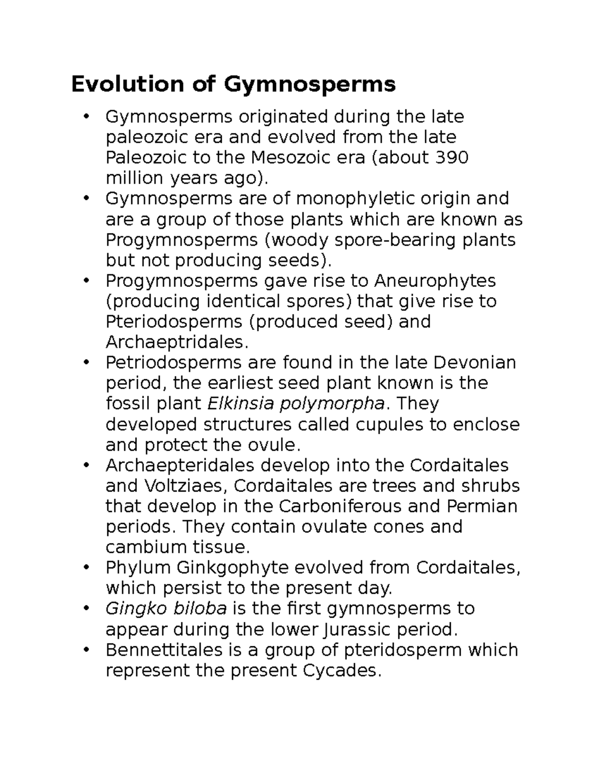 Bio 20 - Notes - Evolution of Gymnosperms Gymnosperms originated during ...