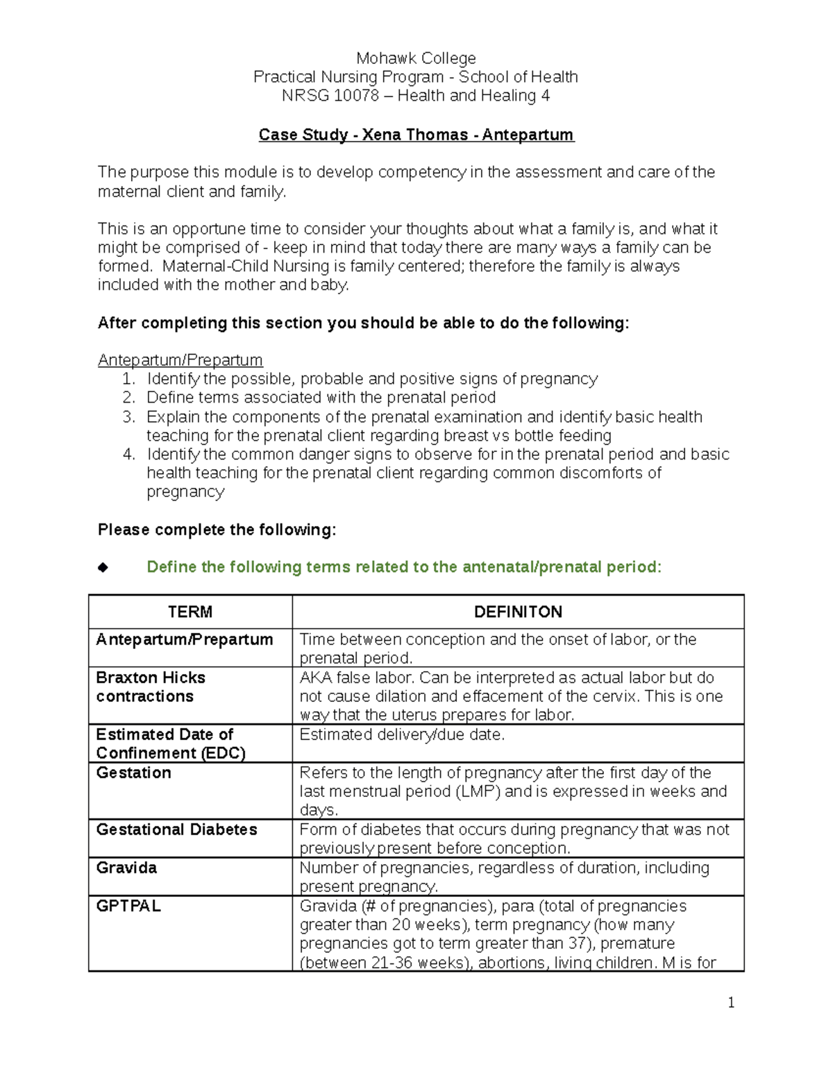 Xena Thompson Case Study - Practical Nursing Program - School of Health ...