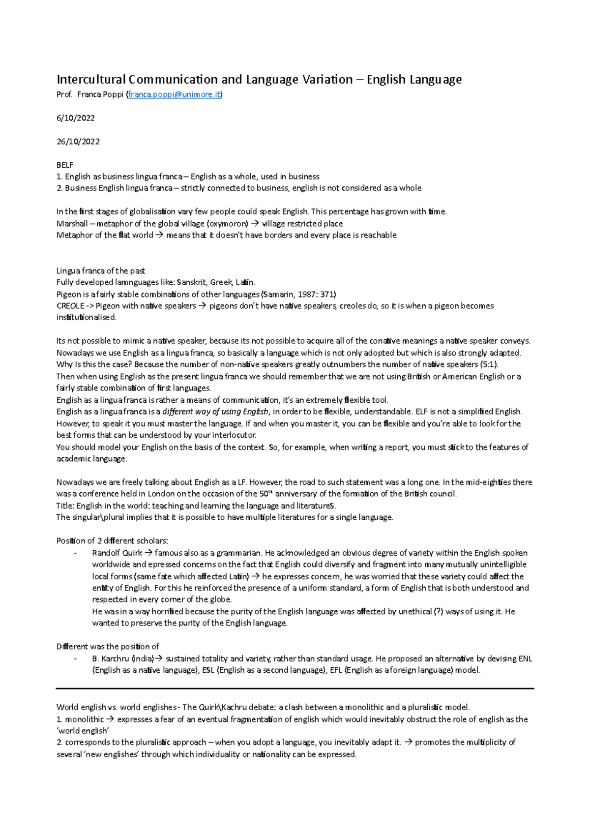 Appunti - BELF - business english as lingua franca - Intercultural Communication and Language ...