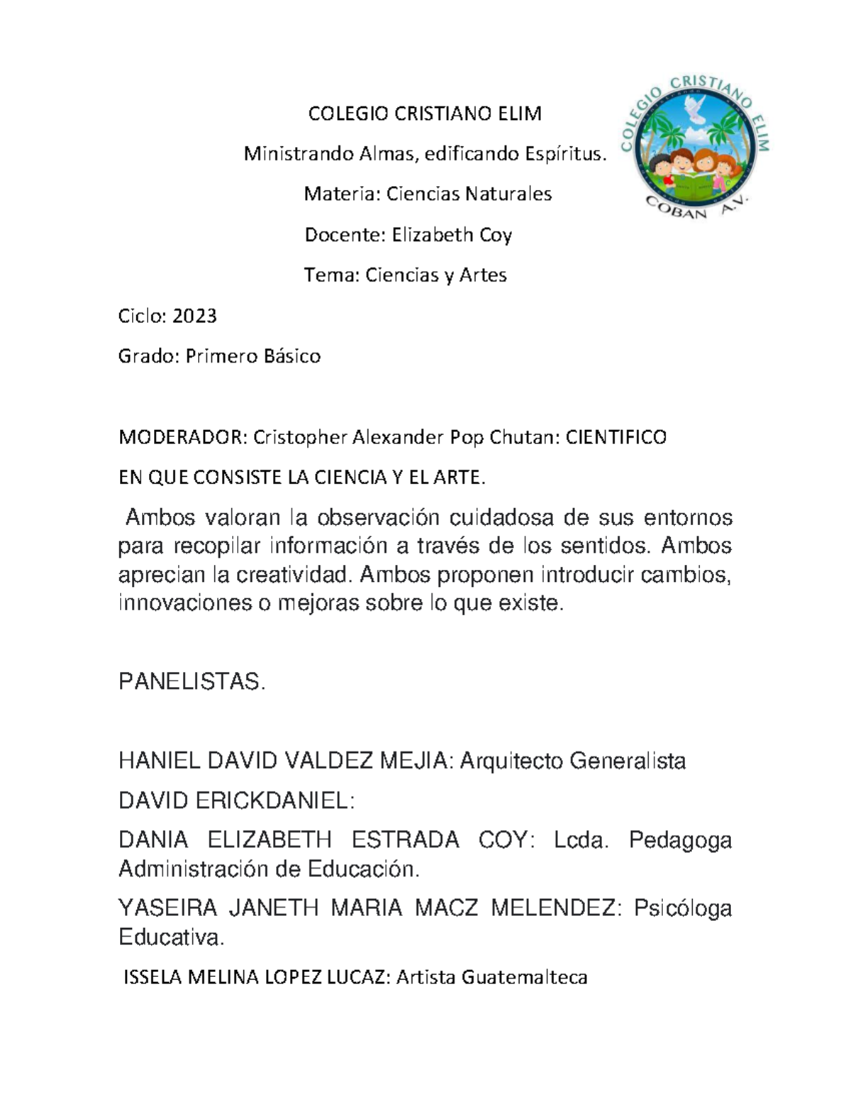 Ciencias y arte - APUNTES - COLEGIO CRISTIANO ELIM Ministrando Almas ...