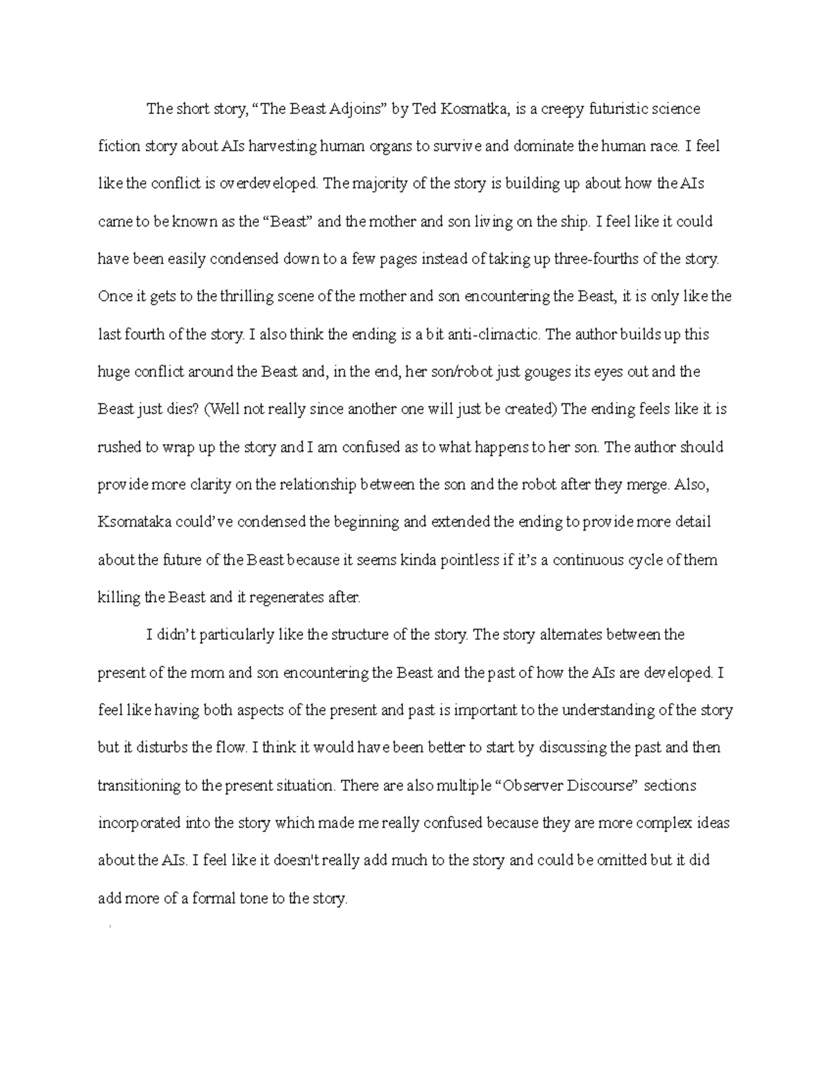 Response “The Beast Adjoins” Little Beast - The short story, “The Beast ...